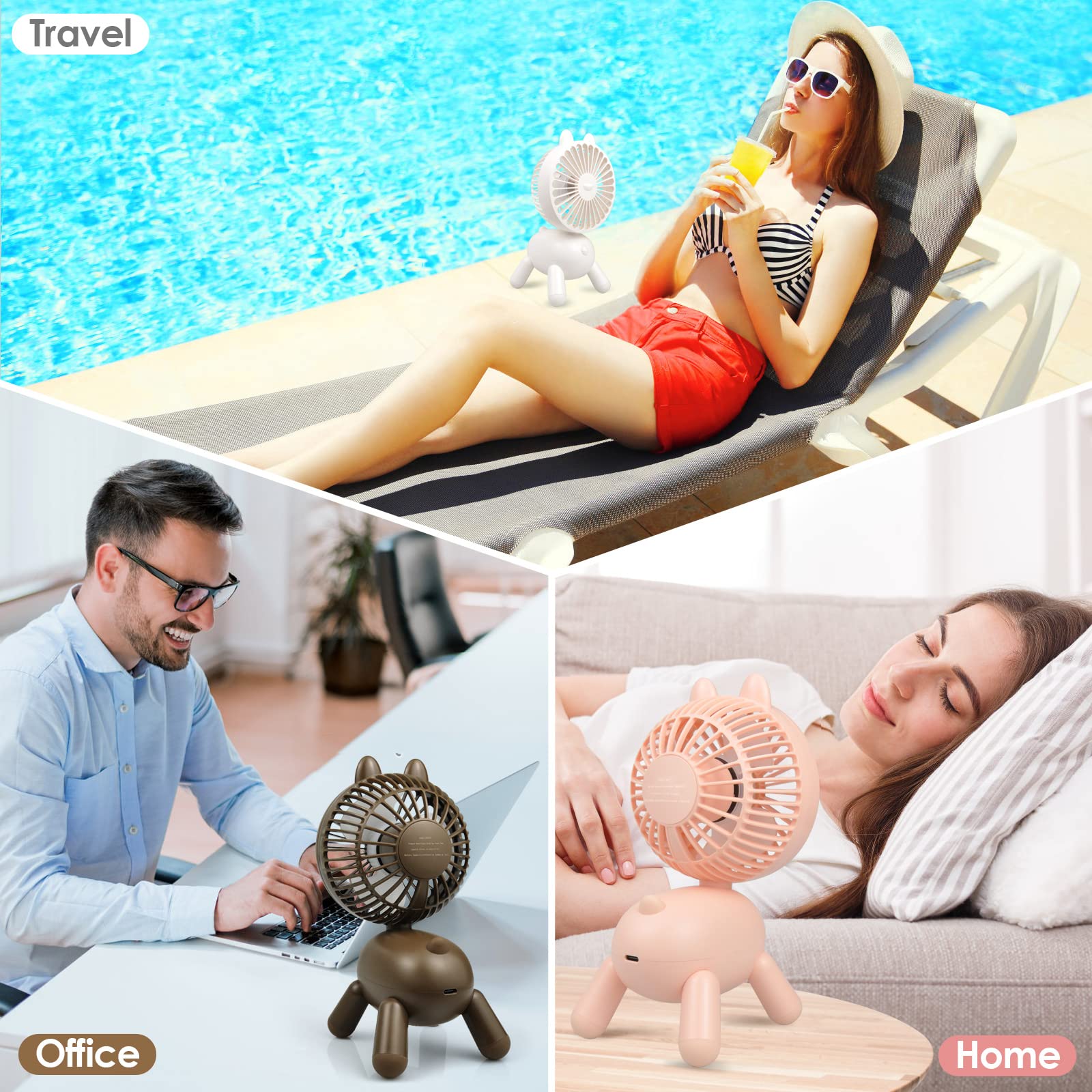 ikiu 8 Inch Small Rechargeable Mini Desk Fan with Rotating Head 13 Hours Usage,Cute Dog-Shape 4 Speeds Small Desk Fan for Home/Desktop/Office,White