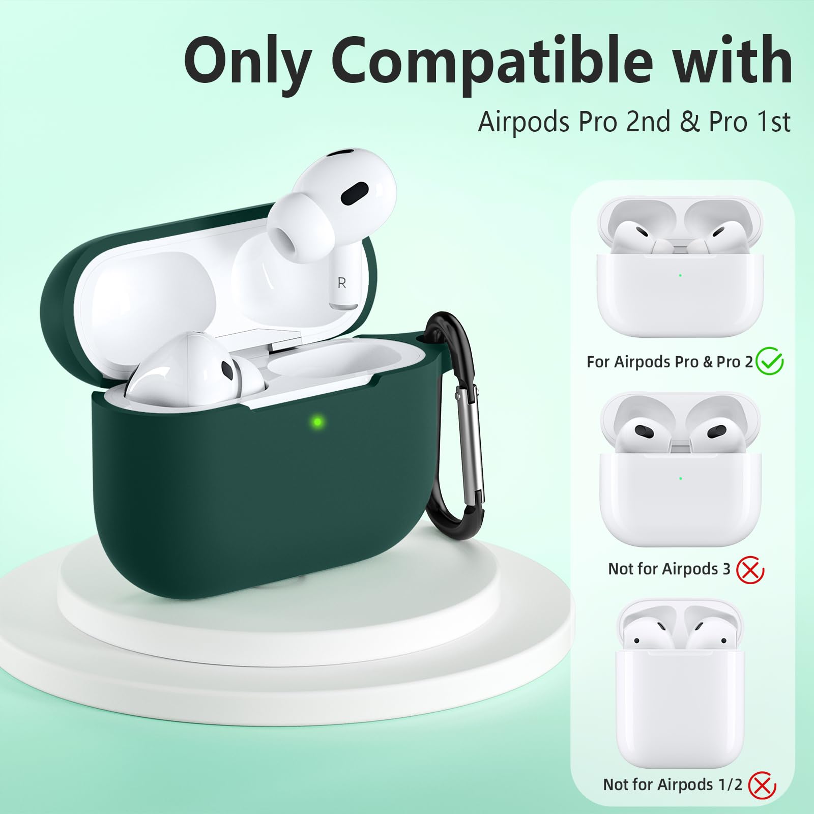 Lerobo for Airpods Pro 2nd Generation Case with Keychain & Lanyard Accessories for Airpod Pro Case Cover, Full Protective Silicone Skin for Apple Airpods Pro 2 Case, [Front LED Visible] Dark Green