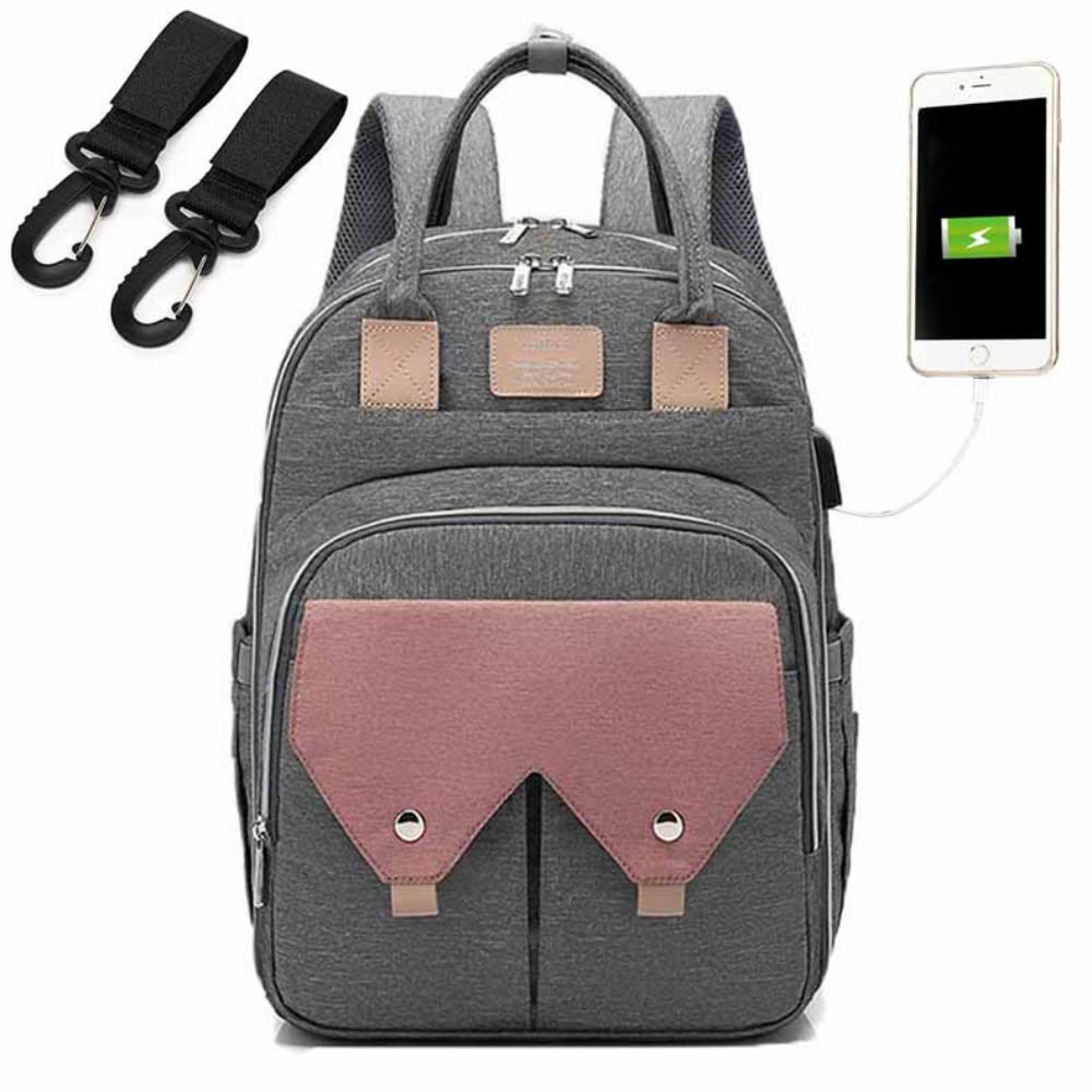 SPYLOH Diaper Bag Backpack Multifunction Travel Back Pack Maternity Baby Changing Bags Large Capacity (gray pink-USB)