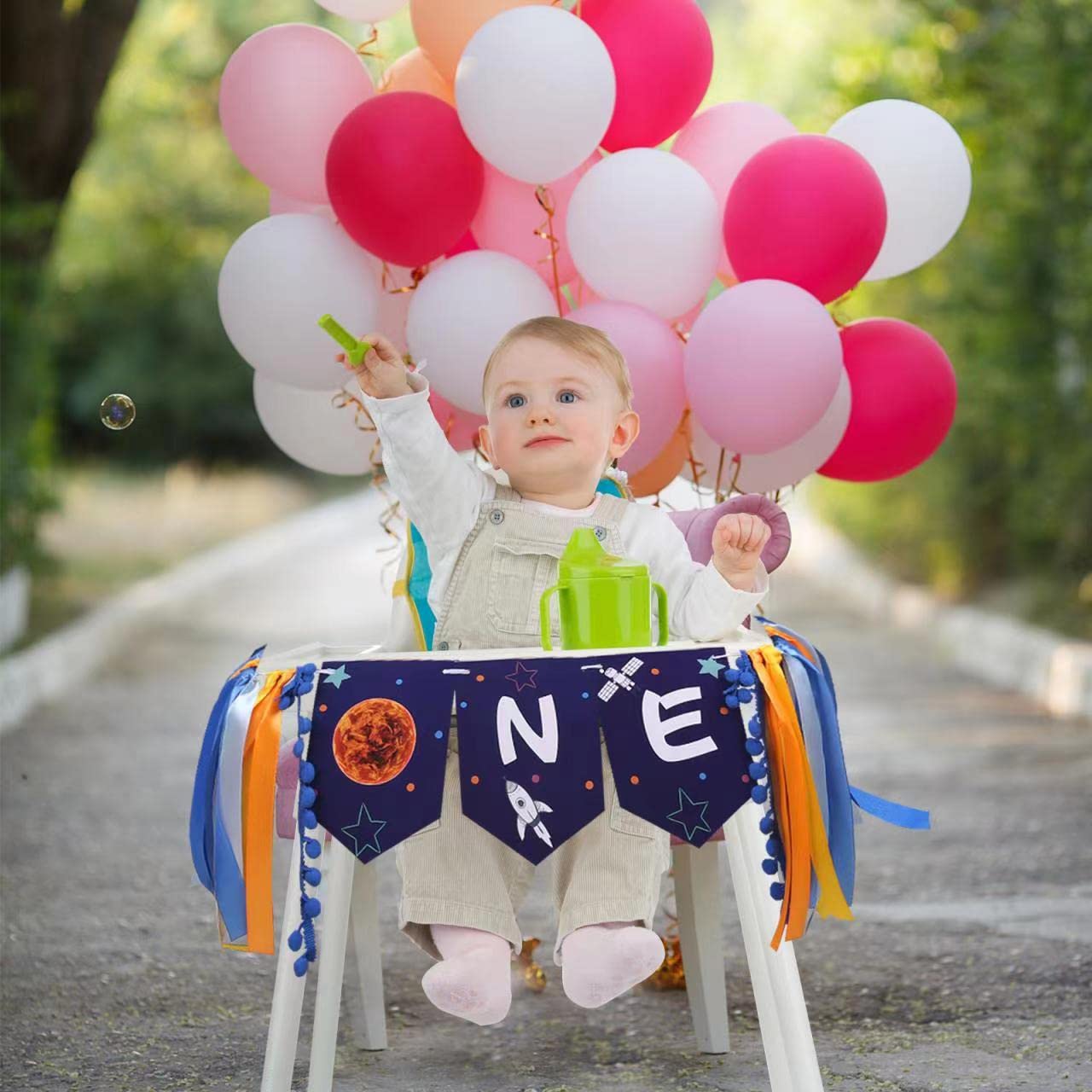 Outer Space Planets Highchair Banner 1st Birthday Boy, Space Rocket First Birthday ONE High Chair Banner Decorations, First Trip Around the Sun Party Decor Party Photo Props