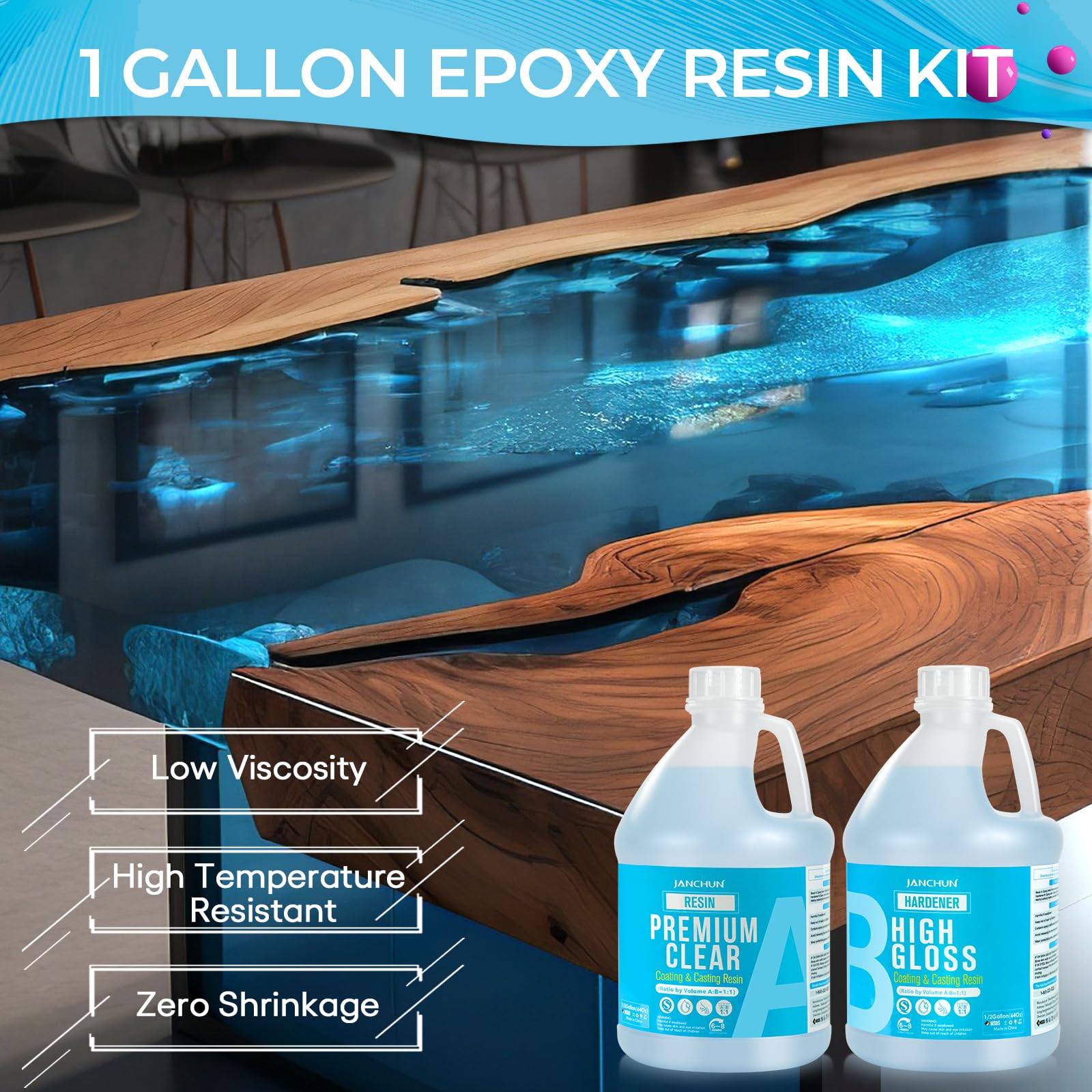JANCHUN 1 Gallon Epoxy Resin Kit, Crystal Clear Table Top Epoxy Resin, Self-Leveling, No Bubbles, Coating and Casting Resin Kit with Resin Mixer for Art Craft DIY Wood, Jewelry Making, Molds