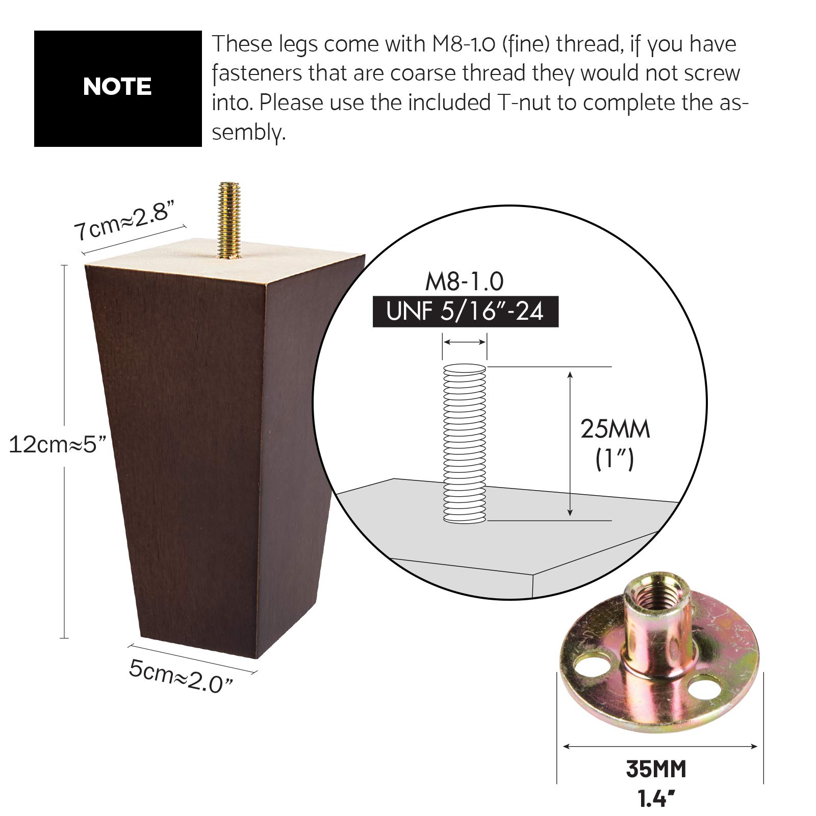 La Vane 5 inch Wooden Furniture Legs, Set of 4 Solid Wood Square Walnut Mid-Century Modern M8 Replacement Bun Feet with Pre-Drilled 5/16 Inch Bolt & Mounting Plate & Screws for Couch Sofa Armchair