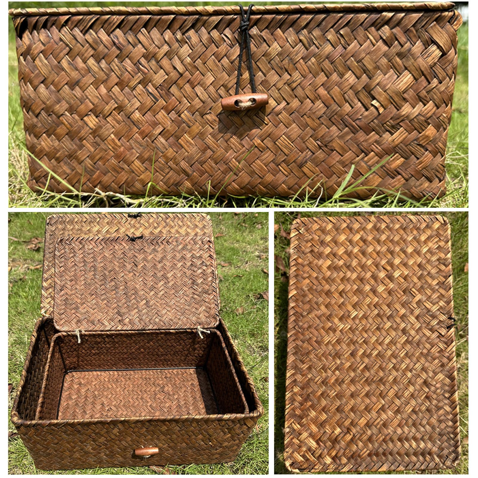 Shelf Storage Baskets with Lid, 2-Pack Wicker Storage Bakset, Woven Seagrass Decorative Boxes Storage Basket, Coffee Large+XLarge