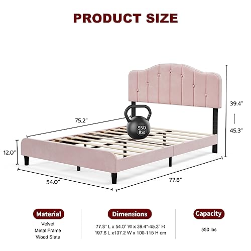 IKIFLY Velvet Upholstered Full Size Bed Frame - Button Tufted Full Platform Bed with Adjustable Headboard, Solid Wood Slats Support, No Box Spring Needed, Easy Assembly - Pink