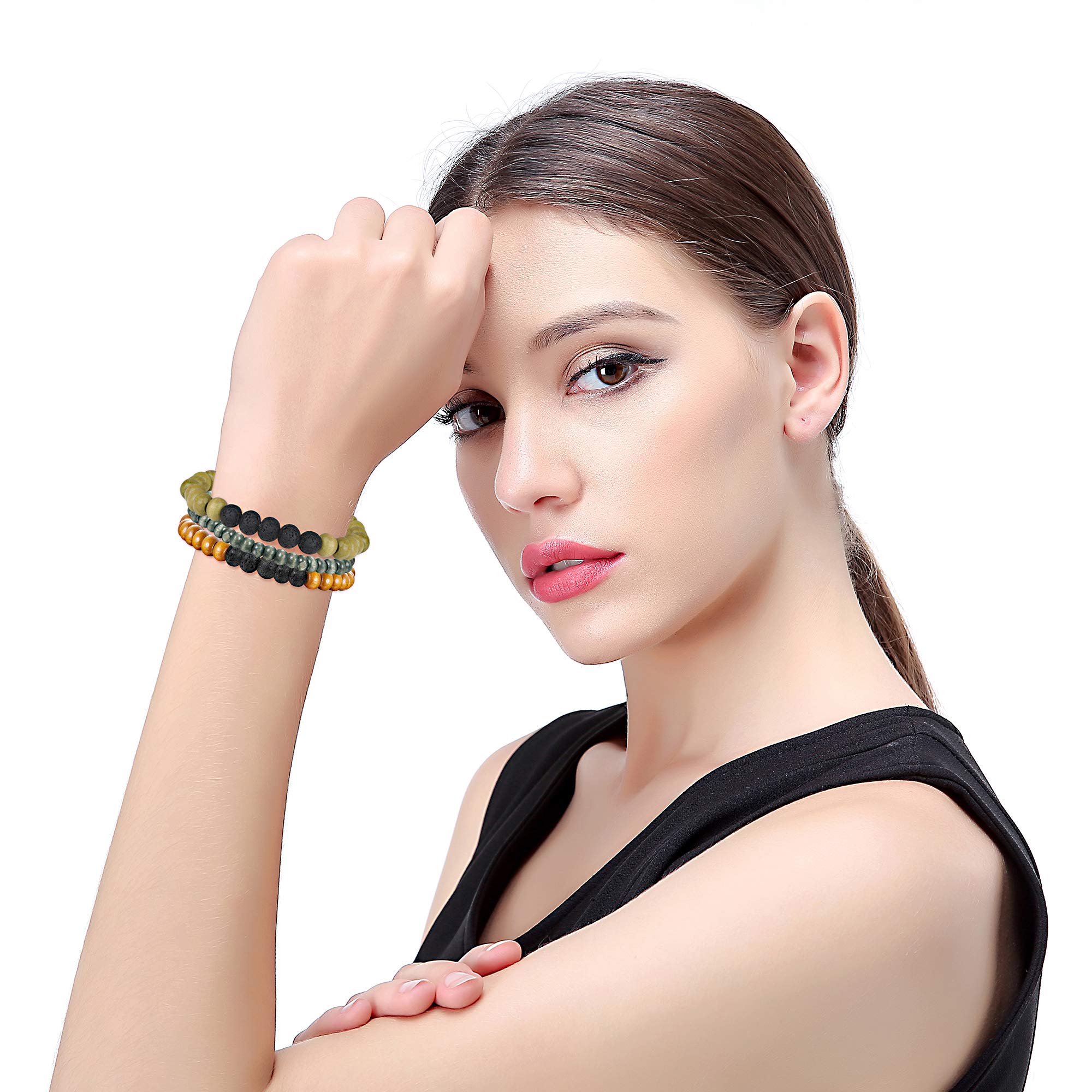 Jstyle 20Pcs Wooden Bead Bracelet for Women Mens Lava Rock Stone Beads Essential Oil Diffuser Beaded Bracelets Bangles Elastic Stretch Bracelet Set