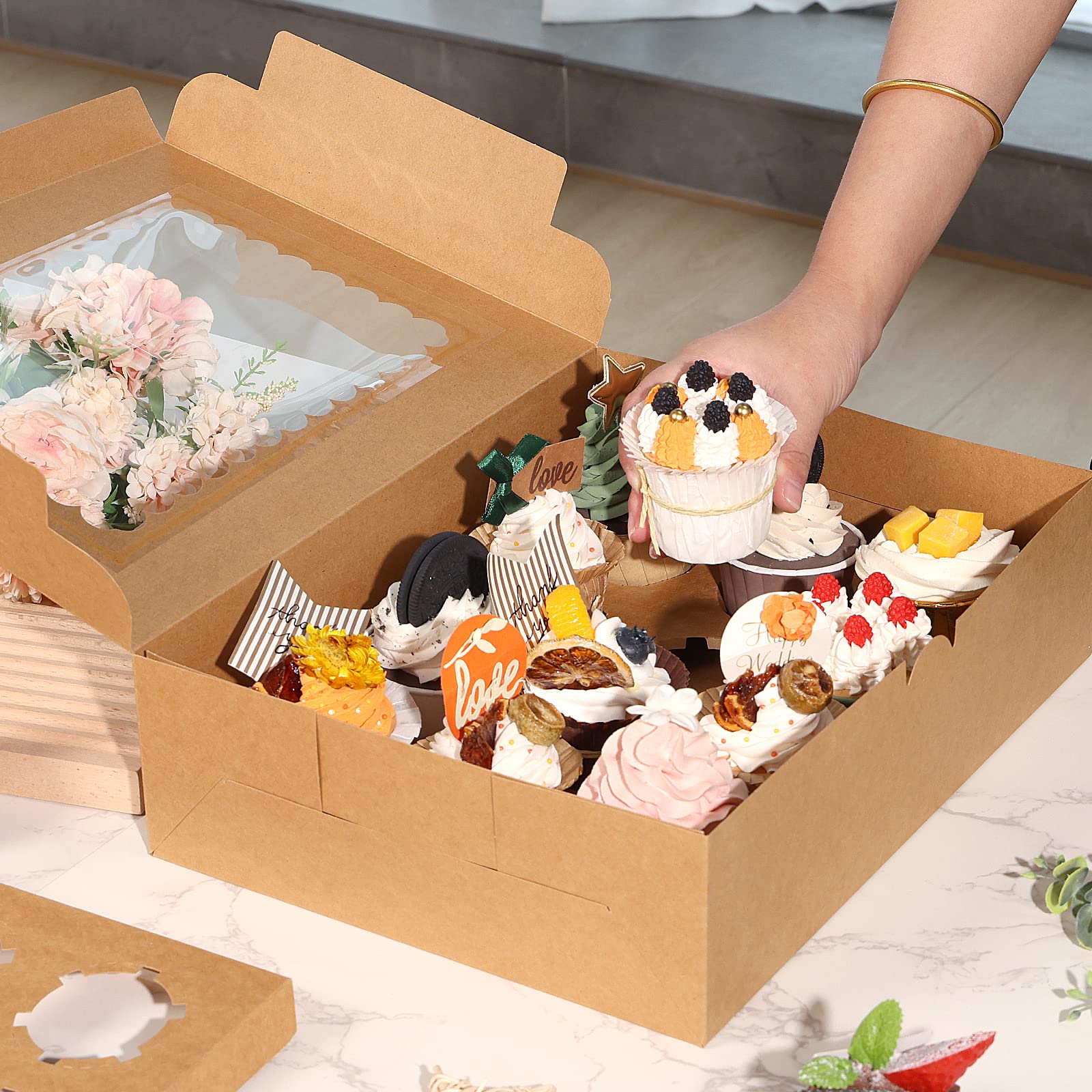 Moretoes 12 Count x 10 Sets Cupcake Carrier Boxes, 13 x 10 x 3.5 Inches, Brown Cupcake Containers Kraft Bakery Carrier Boxes with Windows and Inserts to Hold Cupcakes, Muffins and Pastries