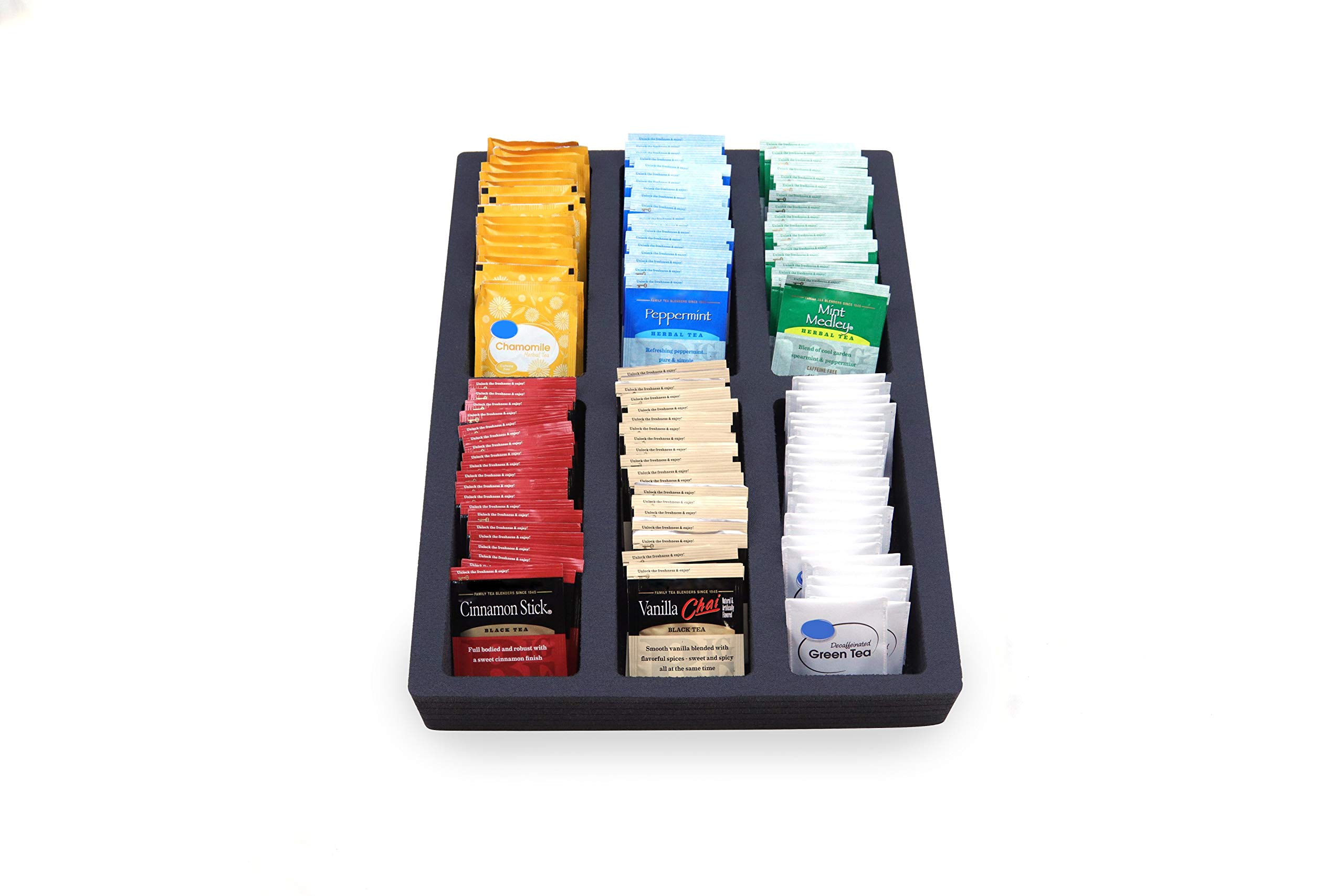 Polar Whale Tea Bag Storage Deluxe Organizer Tray Drawer Bin Insert for Kitchen Home Office Condiments Packets Waterproof Washable Black Foam 6 Compartment 11.9 X 15.9 Inches