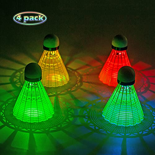 Ksports LED Badminton Shuttlecocks 4 Pack Tube − Glow in The Dark Lighting Birdies Shuttlecocks − with 4 Different LED Colors − Red Green Blue Yellow