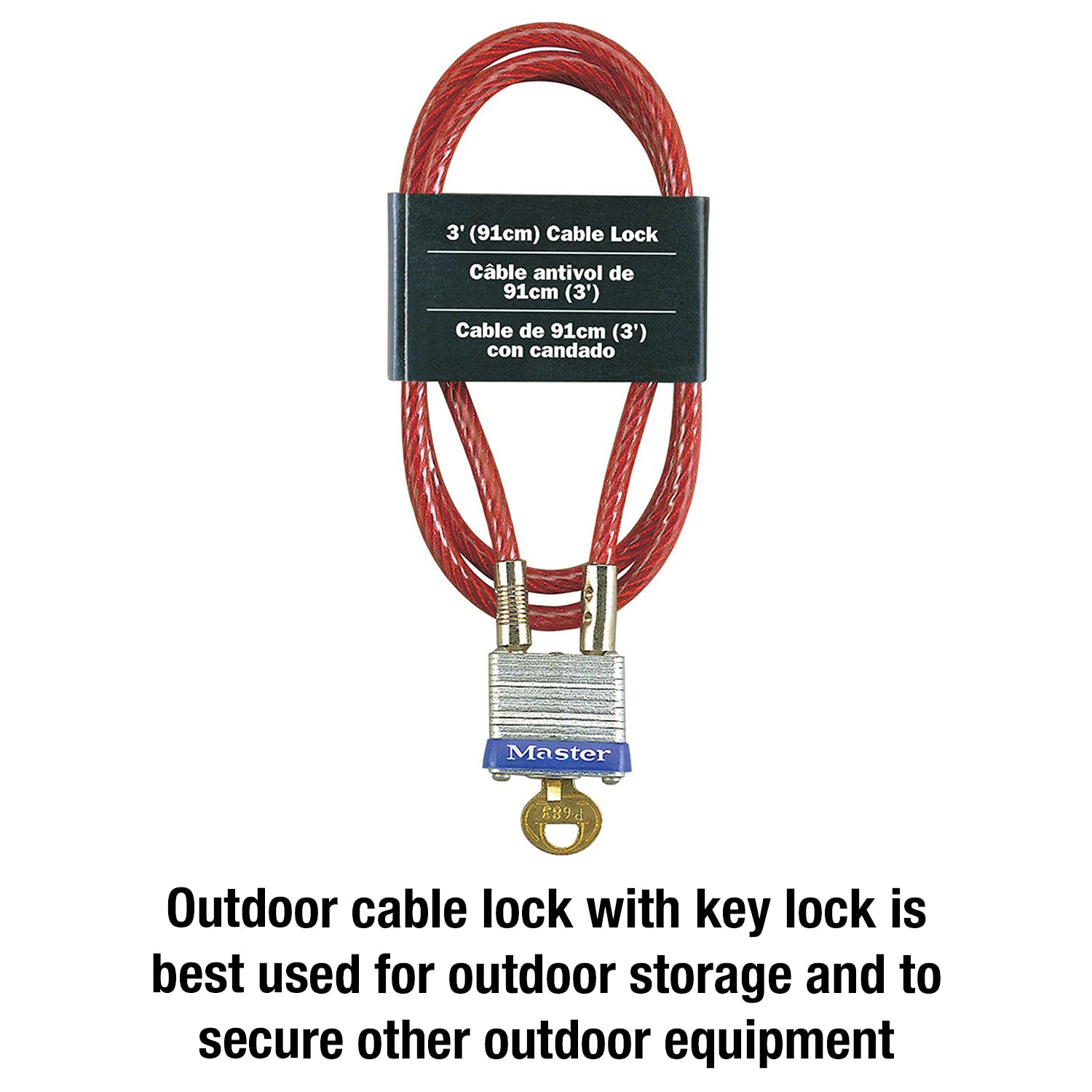 Master Lock 719D Steel Cable with Integrated Outdoor Padlock with Key, 1 Pack, Silver, 3' Long x 3/16' Diameter