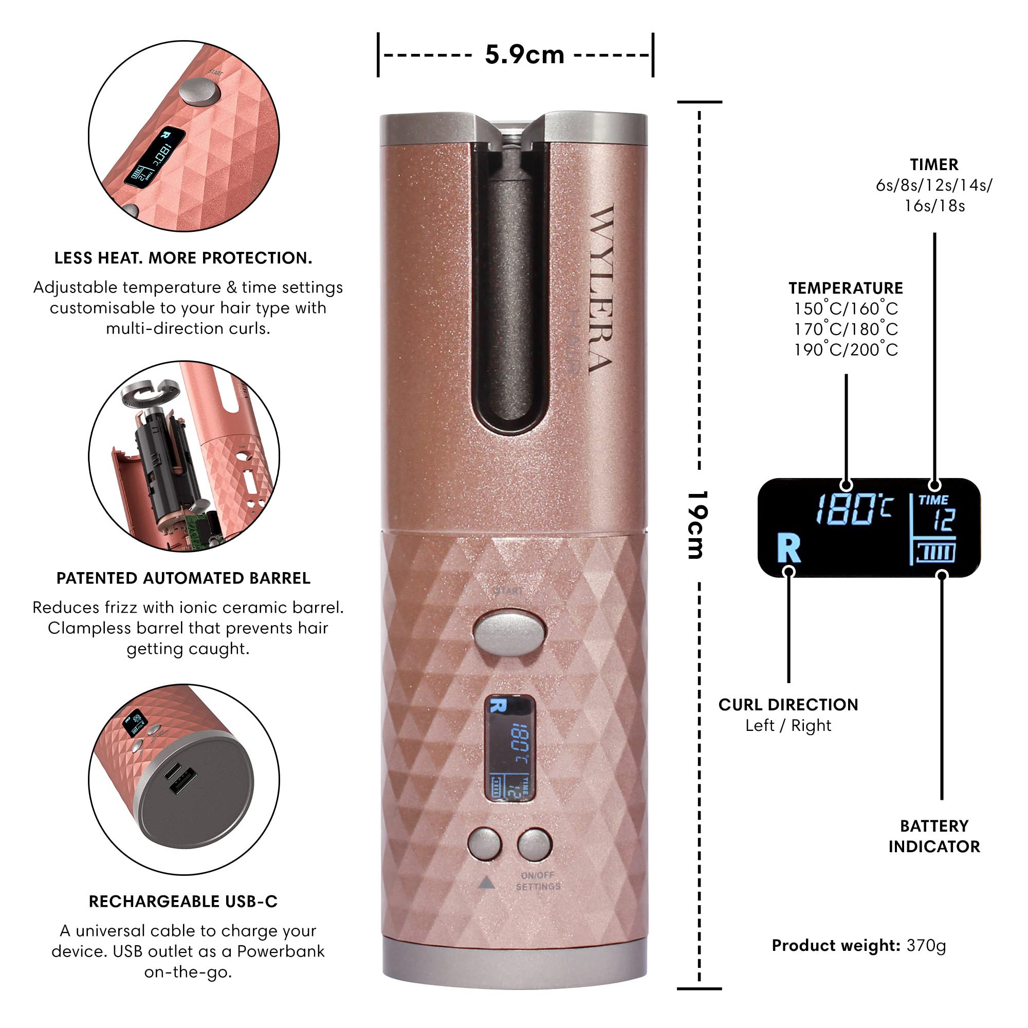 Wylera Hair Dreamwave Cordless Automatic Hair Curler - Perfect Curls in Minutes - Easy to Use and USB Rechargeable with Tangle-Free Technology