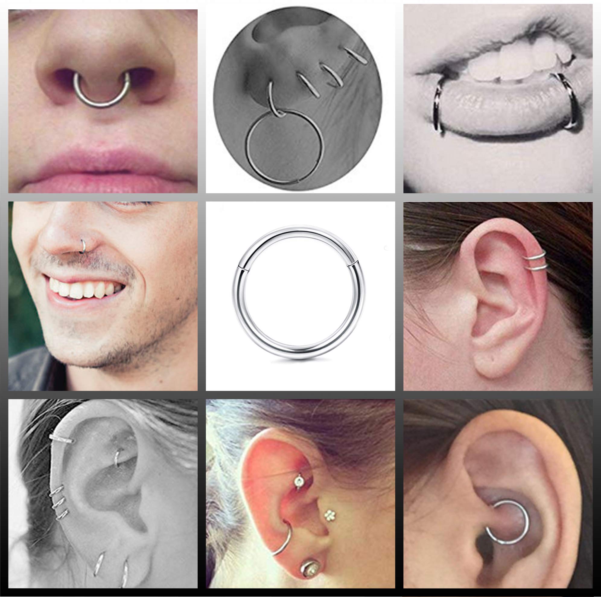 Jstyle 8Pcs 16G Surgical Steel Hinged Clicker Segment Nose Rings Hoop Helix Cartilage Daith Tragus Sleeper Earrings Body Piercing 6-12MM Improved SR