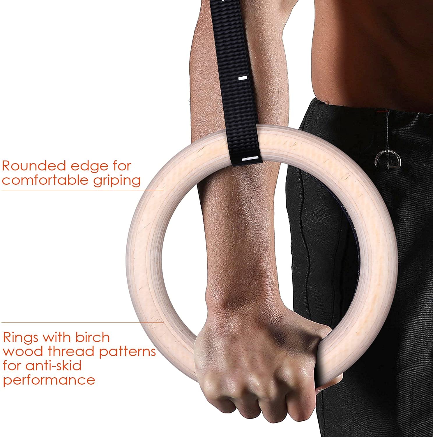 N A Gymnastic Rings, Wooden, 15ft Adjustable Straps,32mm, Gym Equipment for Cross-Training Workout, Gymnastics, Strength Training, Pull Ups and Dips (Set of 2)