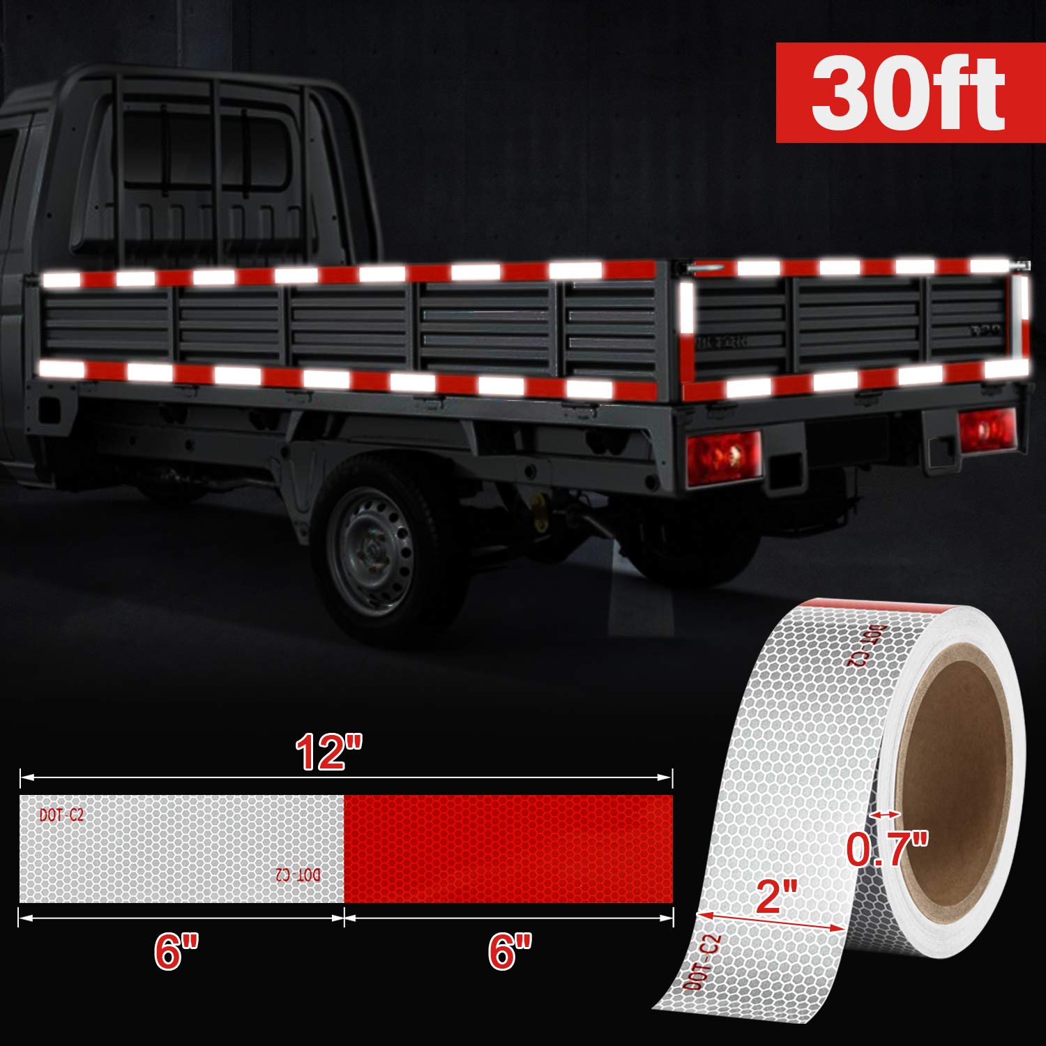 Kohree Reflective Safety Tape 2" x 30ft, DOT-C2 Approved Red White Waterproof Reflector Tape for Trailer, RV, Heavy Vehicle, Camper, Boat