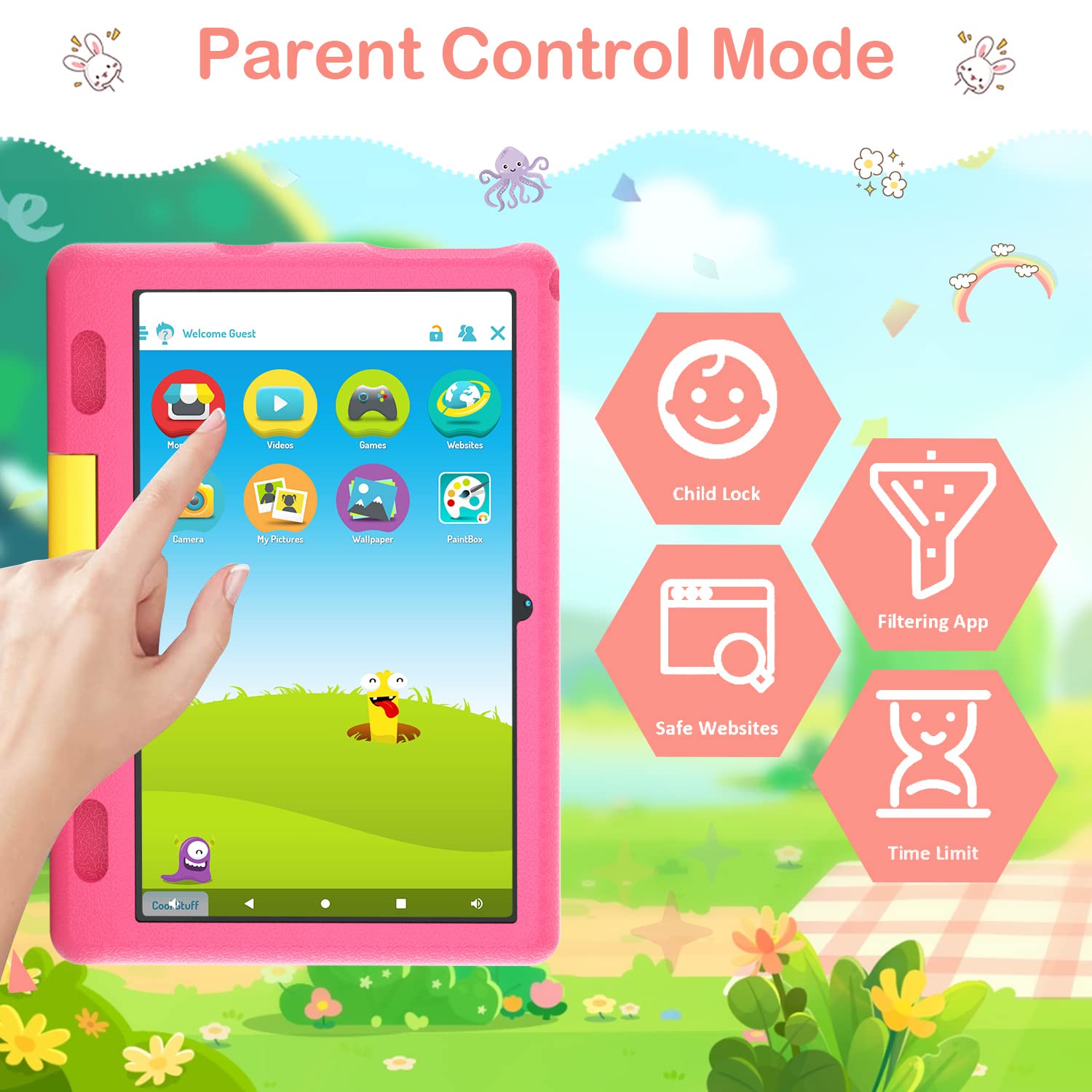 Kunleba Kids Tablet 10.1 Inch Andriod 11 Tablet for Kids Quad Core 32GB ROM 6000mAh Wi-Fi Bluetooth Tablets PC (Pink)