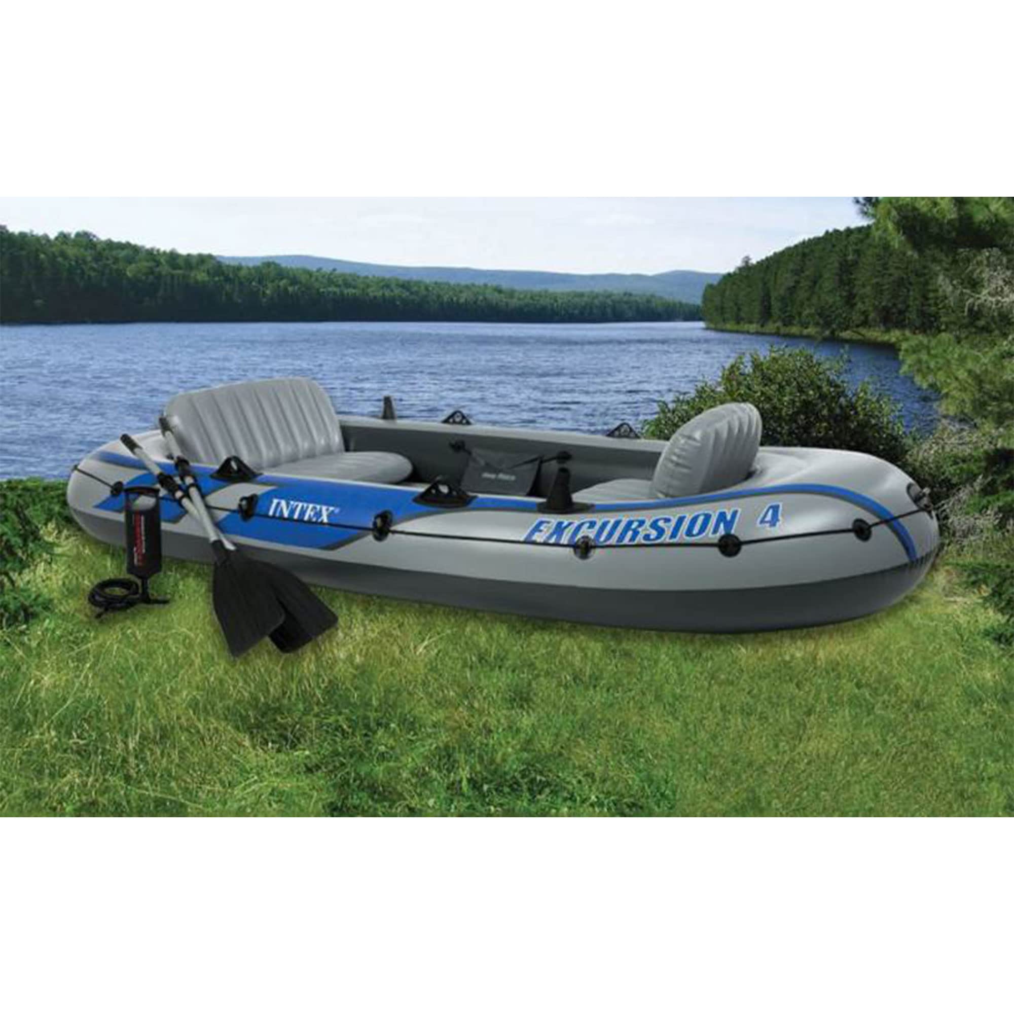 Intex Excursion 4 Inflatable 4 Person Fishing Boat Raft Set with Motor Mount Kit for Rivers and Lakes (Motor Not Included)