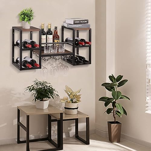 Kokorona Hanging Wine Rack Wall Mounted, Industrial Pipe Wine Rack with 3 Stem Glass Holder, Liquor Bottle Display Shelf Floating Bar Shelves for Wine Bottles
