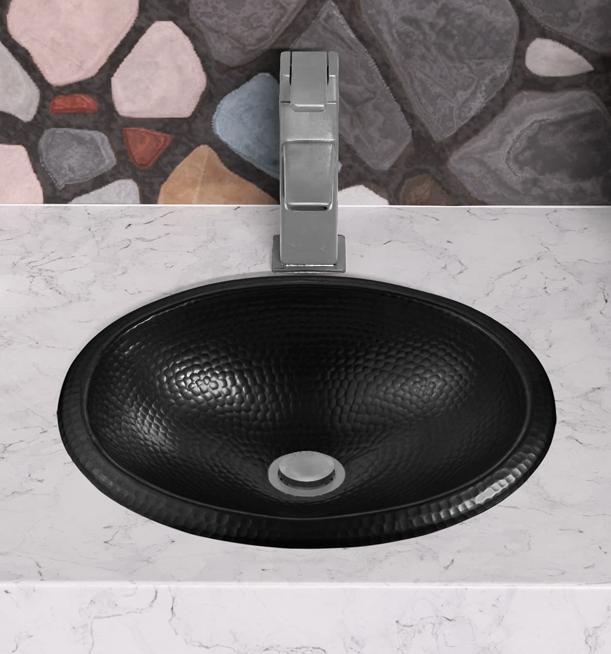 Monarch Abode 19103 Matte Black Hand Hammered Oval Drop-in Bathroom Vanity Sink (17 inches)