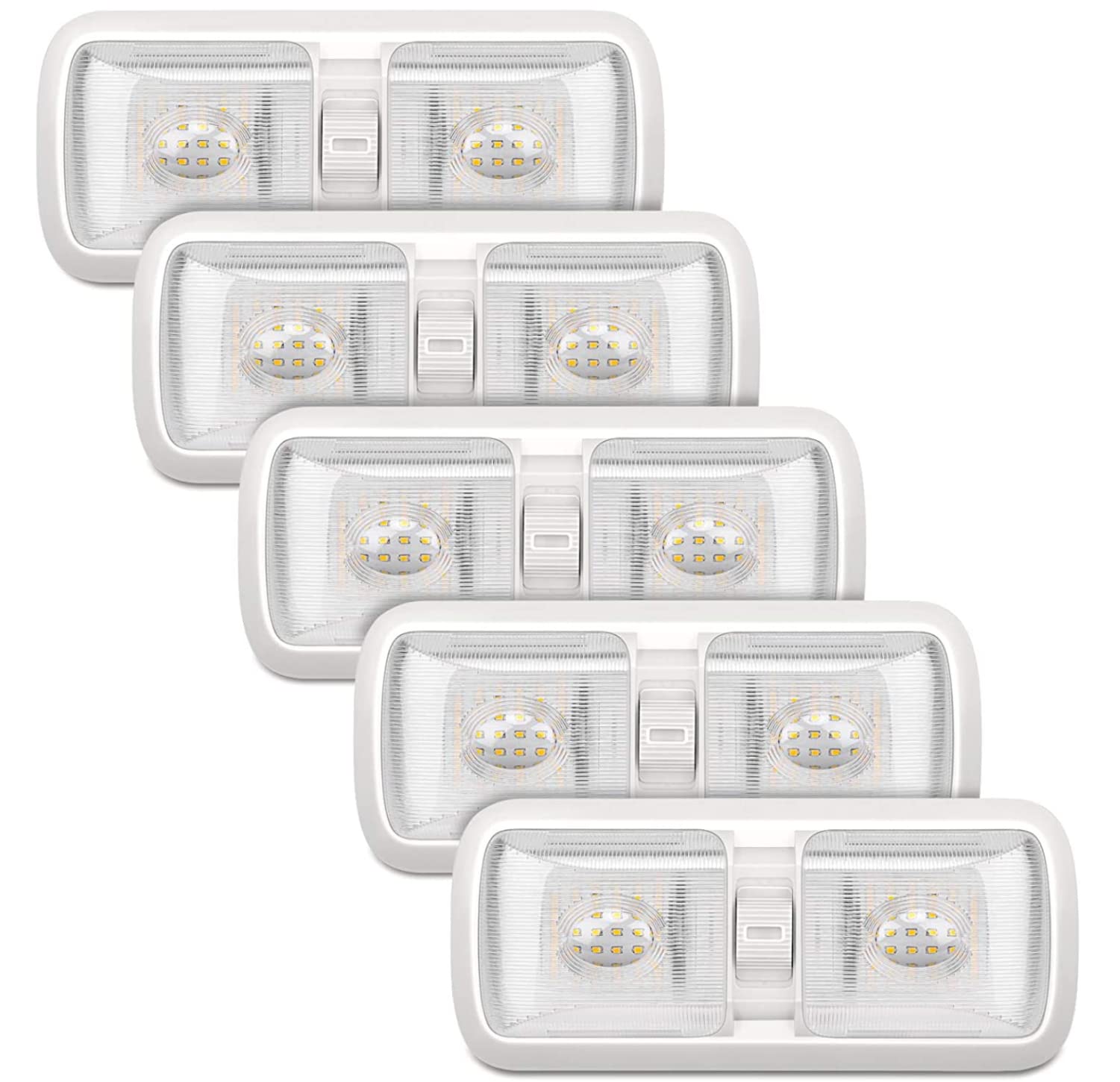 Kohree Upgrade 1000 Lumen Led RV Ceiling Double Dome Light Fixture, 5 Pack 12V Camper Interior Lighting with ON/Off Switch for Trailer RV Car Boat, Clear Cover (Natural White 4000-4500K, 60 X 5050SMD)