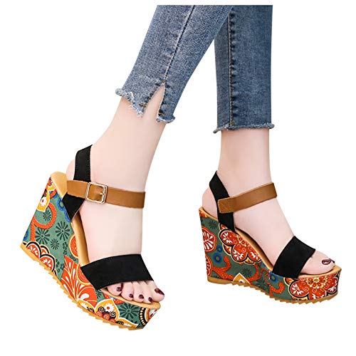 OVELING Shoes Women Wedges Toe Buckle Breathable Flower Open Summer Strap Sandals Women's Wedges Comfortable Sandals Walking
