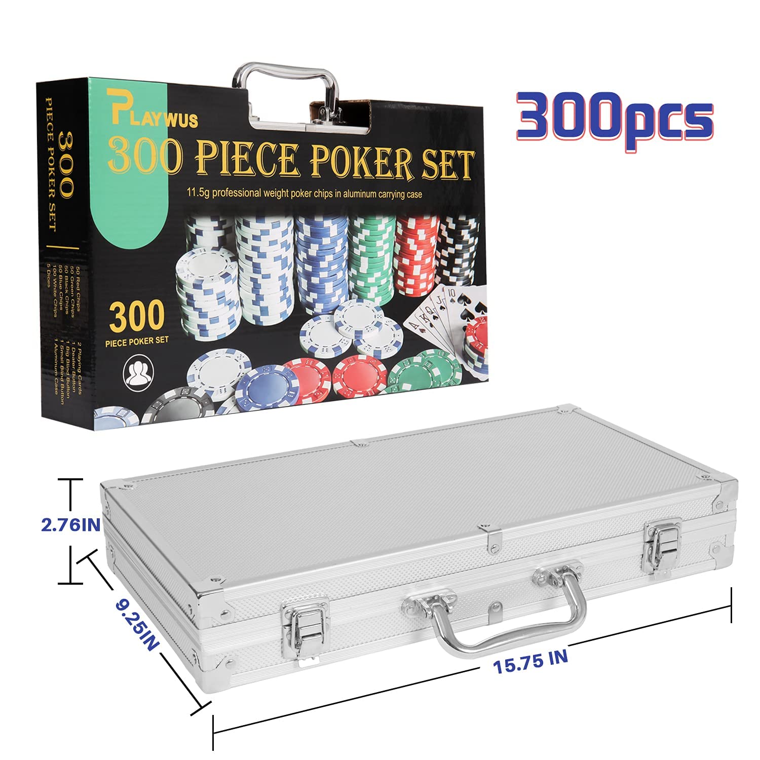 PLAYWUS Casino Poker Chip Set, 300 PCS Poker Chips with Aluminum Case,11.5 Gram Chip with Iron Insert for Texas Holdem Blackjack Gambling
