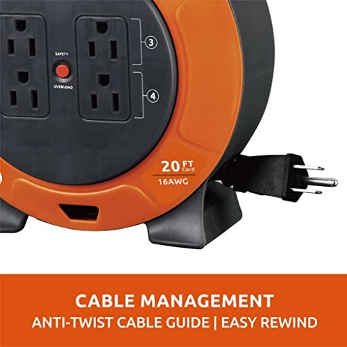 Link2Home Heavy Duty Retractable Extension Cord Reel 20 Ft. With 4 Outlets & 16AWG 3-Prong SJT Cord