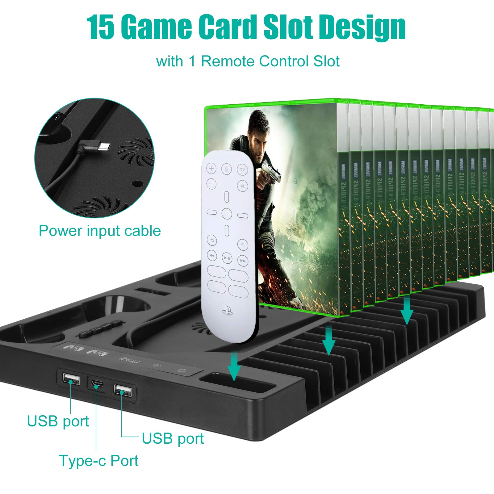 Linkstyle PS5 Vertical Stand with Cooling fan Dual PS5 Controller Charging Station Dock Led Indicator, 15 Game Storage, and Headset Holder for PS5 Console PS5 Digital Edition Console accessories