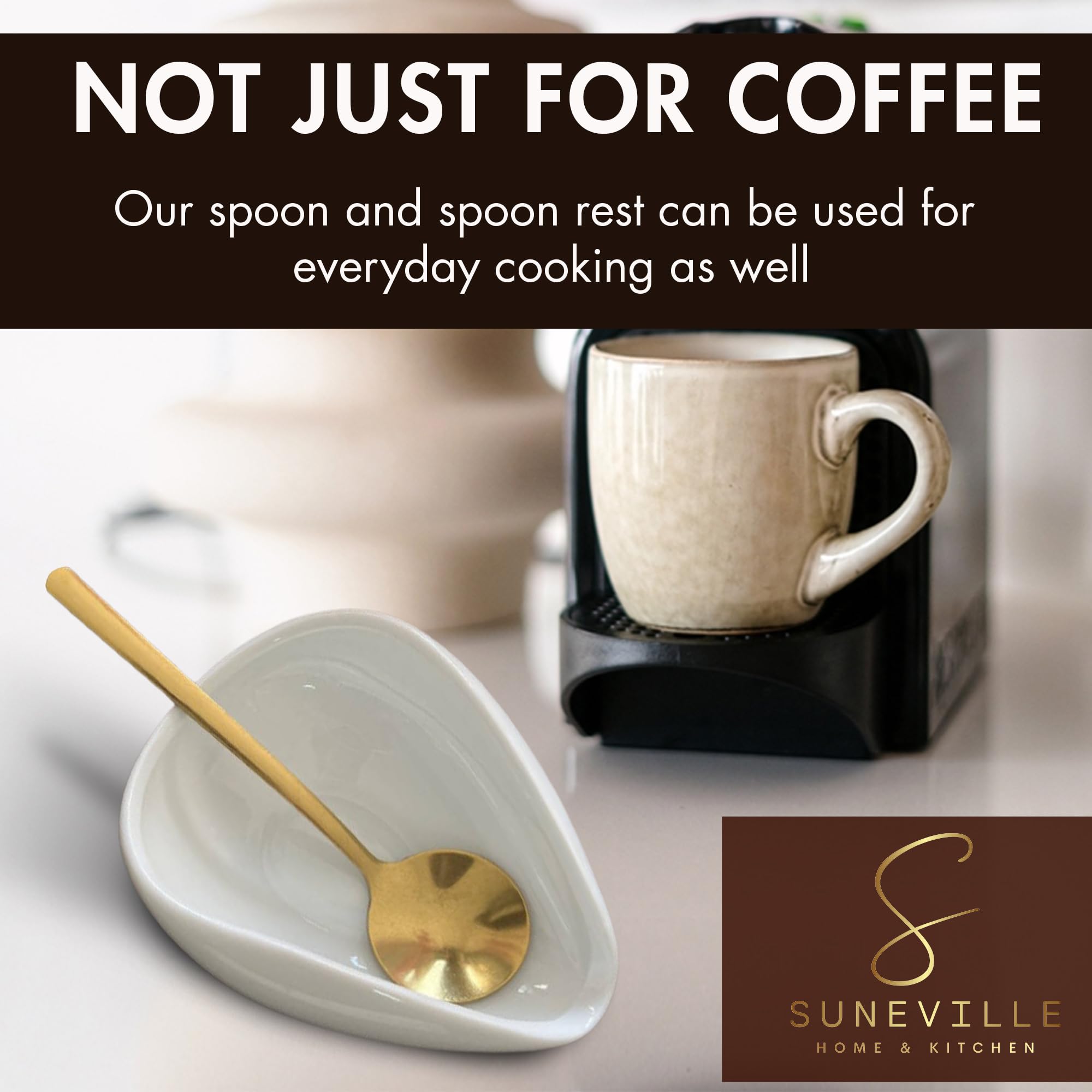 Suneville Coffee Spoon Rest with Coffee Spoon - Tea Spoon Rest - Ceramic Coffee Spoon Holder - Spoon Rest for Coffee Stirrers, Teaspoon & Bar Spoon - Coffee Bar & Station Accessories