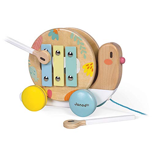 Janod Pure Pull Along Snail - Wooden 2-in1 Musical Toy - Ages 1+ - J05159