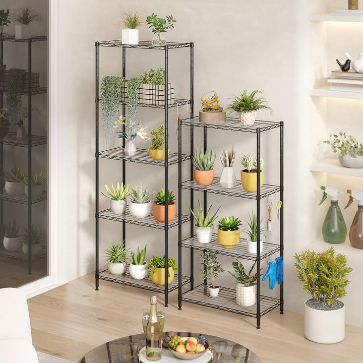 JEROAL 5 Tier Wire Shelving Unit Adjustable Height Storage Shelf Display Rack with 4 S-Shaped Hooks Standing H eavy Duty Metal Shelving for Laundry Bathroom Kitchen (Black)
