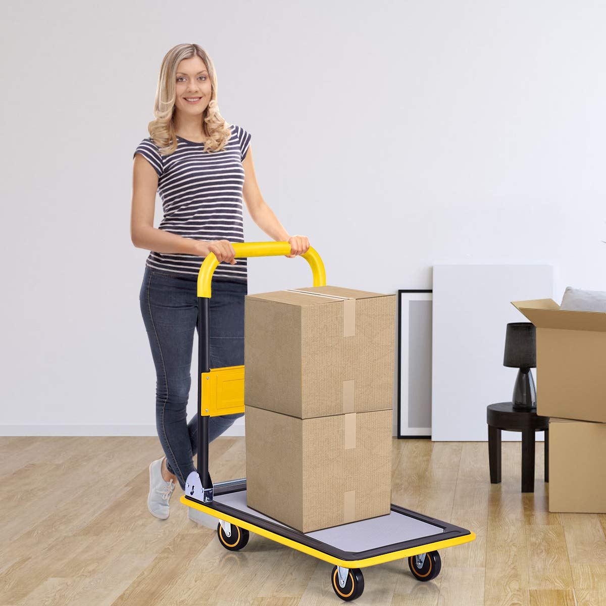 S AFSTAR Folding Push Cart Dolly, Rolling Platform Cart for Garage Warehouse, Portable Flatbed Cart with Non-Slip Swivel Casters (330Lbs Load-Bearing Capacity, Yellow)
