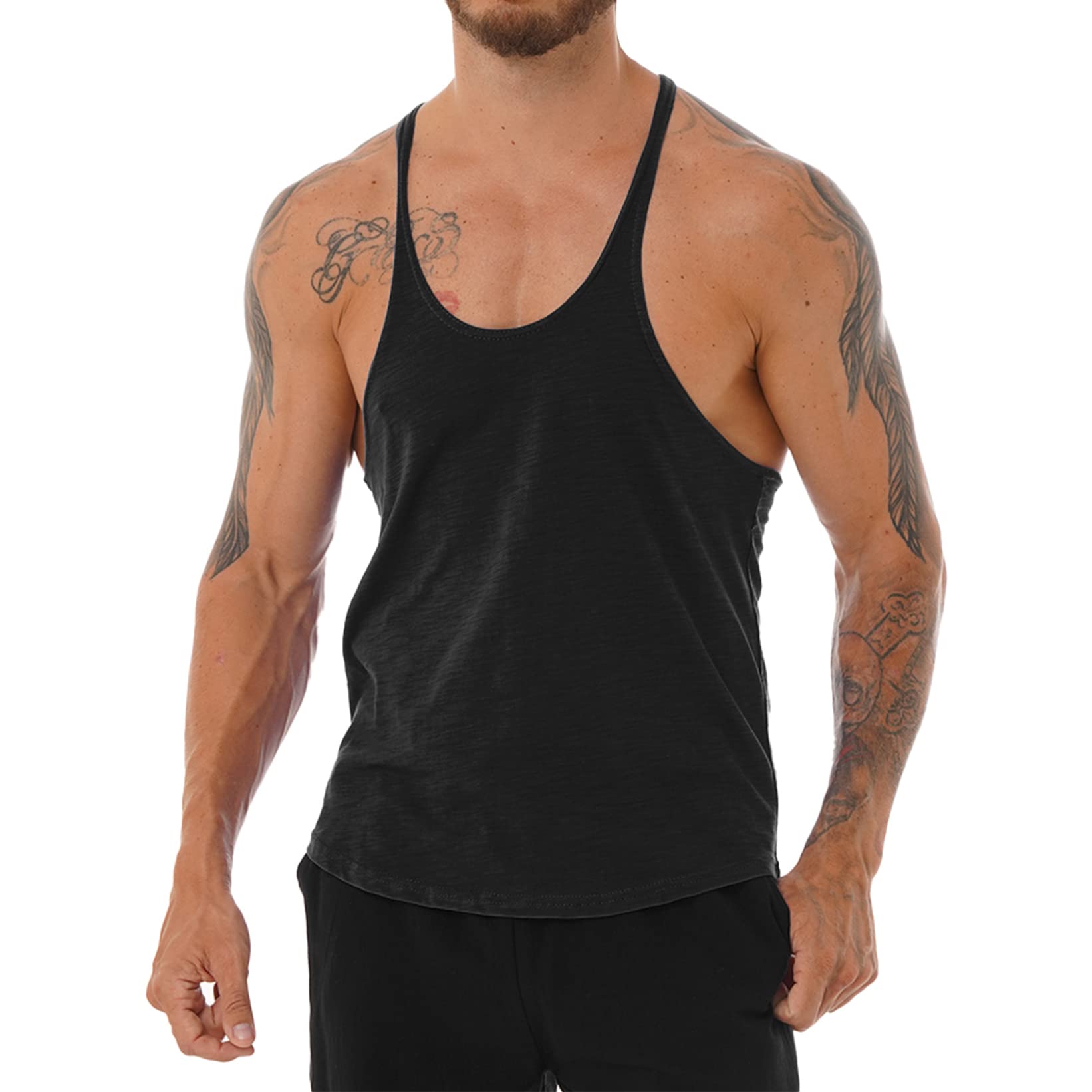 Mufeng Men's Cotton Muscle Shirts Sleeveless Dry Fit Gym Workout Tank Top Active T-Shirt Tees Black Medium
