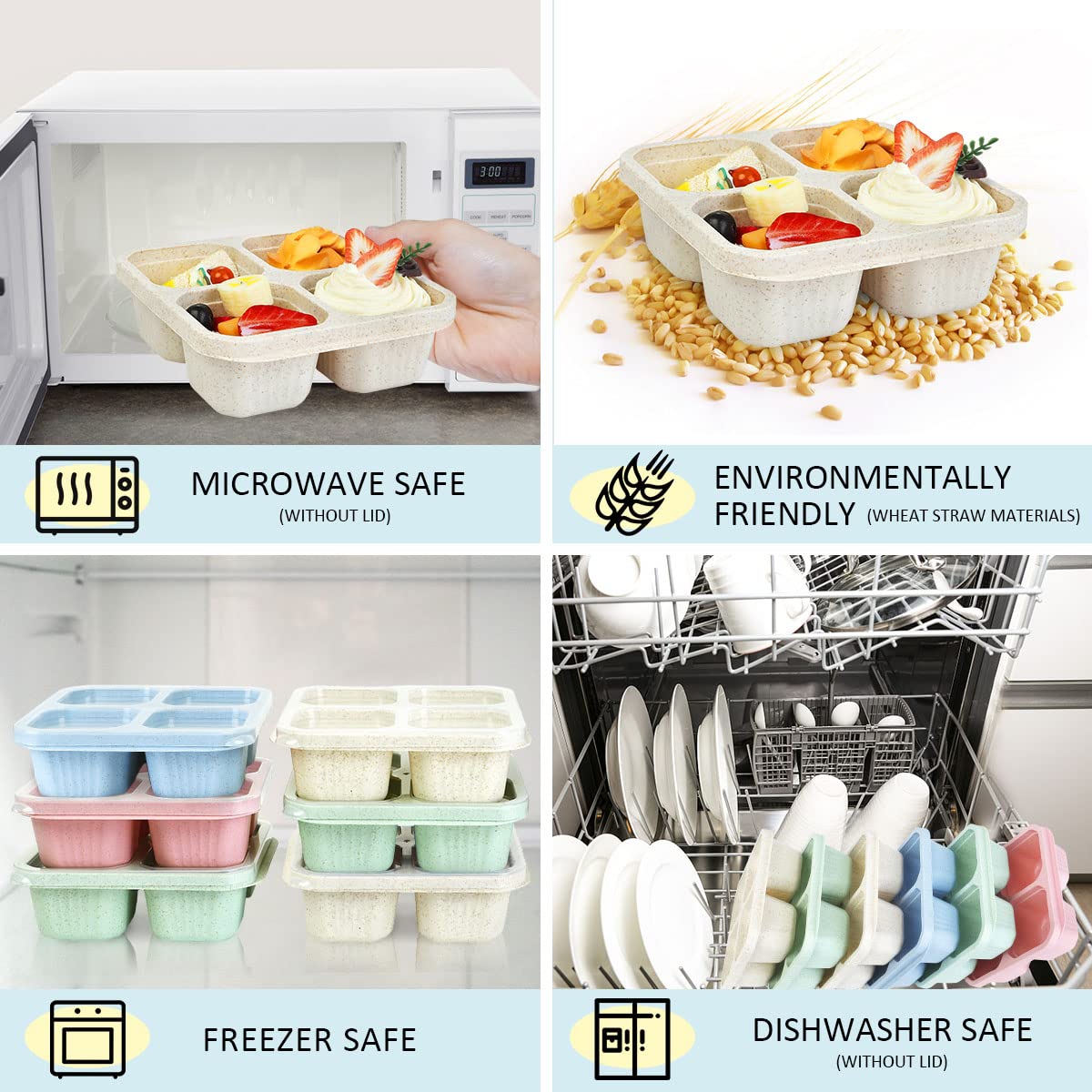 Korlon 6 Pack Snack Containers, 4 Compartments Snack Boxes for Kids, Wheat Straw Meal Prep Reusable Food Storage Lunch Containers for Adults & Kids