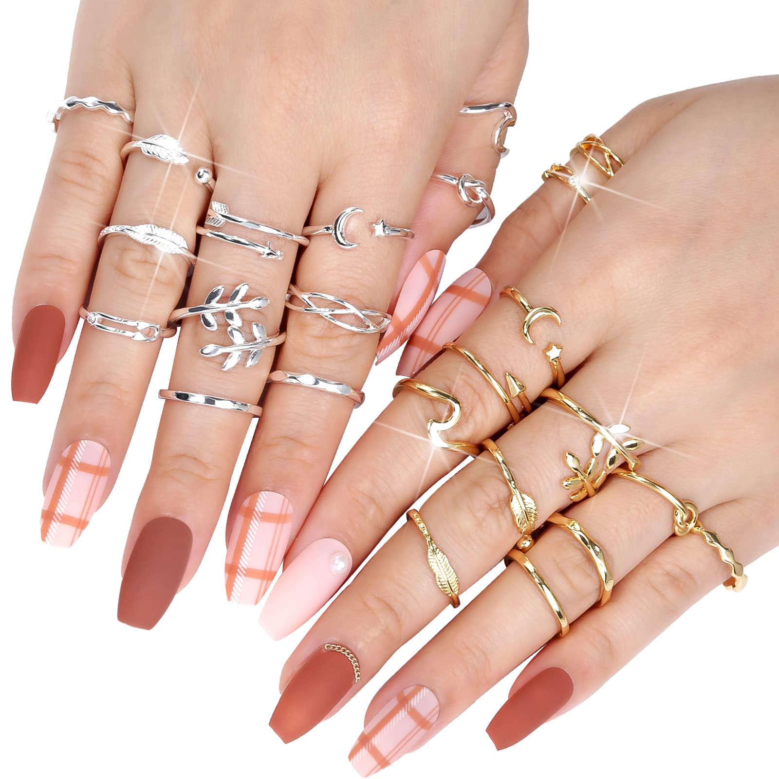 Modacraft 24Pcs Knuckle Stacking Rings for Women Teen Girls, 14K Silver Gold Plated Adjustable Stackable Rings Arrow Knot Wave Rings Thumb Midi Finger Rings Pack
