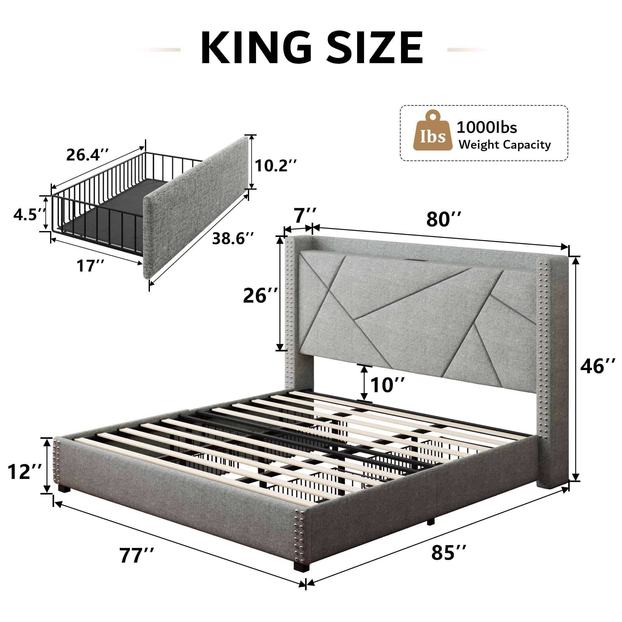 iPormis King Storage Bed Frame with 4 Drawers, Upholstered Bed Frame with Minimalist Wingback Headboard and Charging Station, No Box Spring Needed, Light Gray