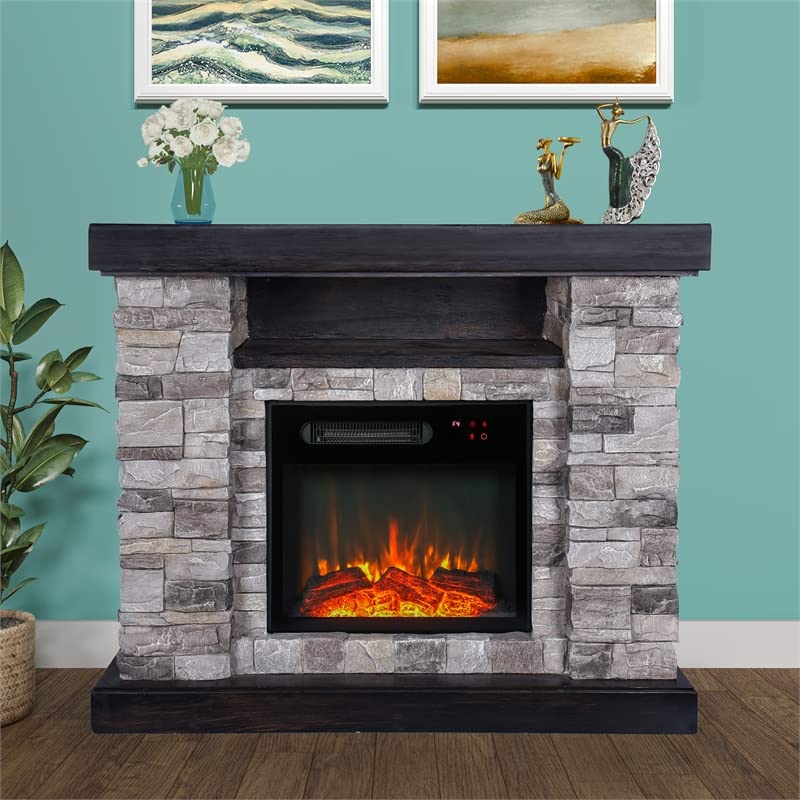 LIVILAND 39" Farmhouse Ceramic Magnesium Oxide Freestanding Electric Fireplace with 4 Flickering Flame Effect Settings, Remote and Touch Control, LED-Lit Open Shelf, in Gray Finish