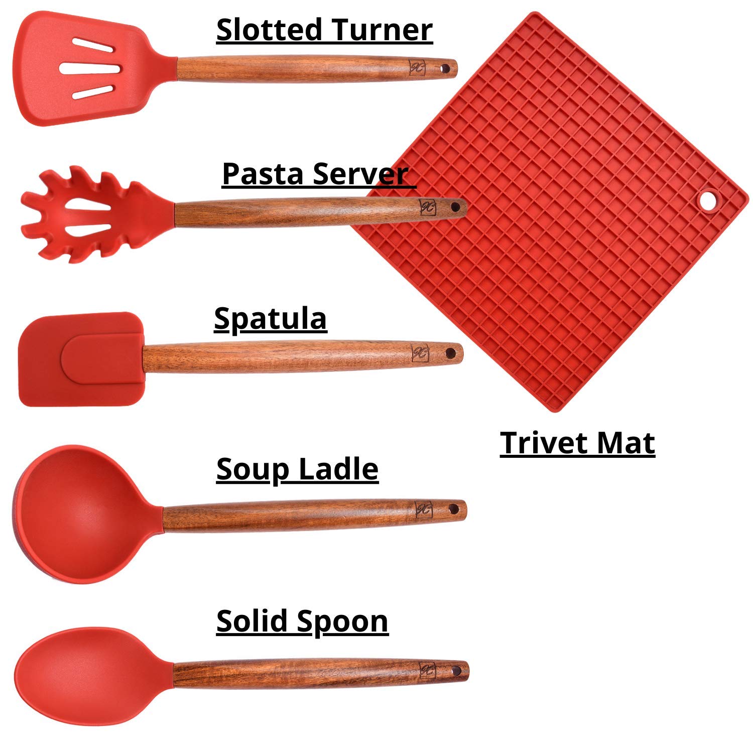Instylecraft Silicone Kitchen Utensils Set Red Wood Cooking set, Kitchen Utensils Tools, Wooden Handle Spoons, Multi-functional TRIVET MAT BPA Free, Non Toxic, FOOD-GRADE SILICONE