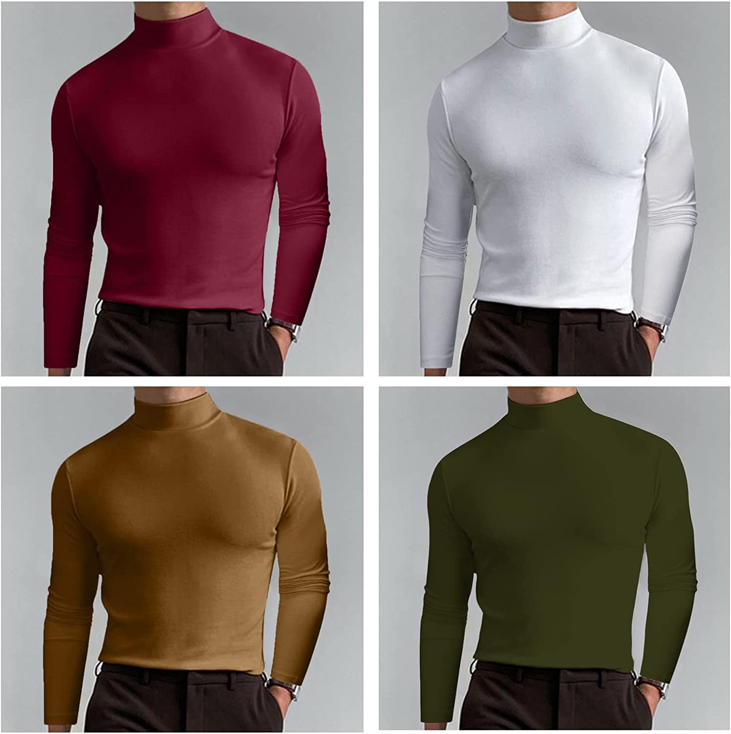MUGUOY Men's High Neck Slim Fit Long Sleeve T-Shirt,Men's Casual Mock Turtleneck Slim Fit Basic Tops,Fashion Pullover Stretch Thermal Underwear Top. (S, White)