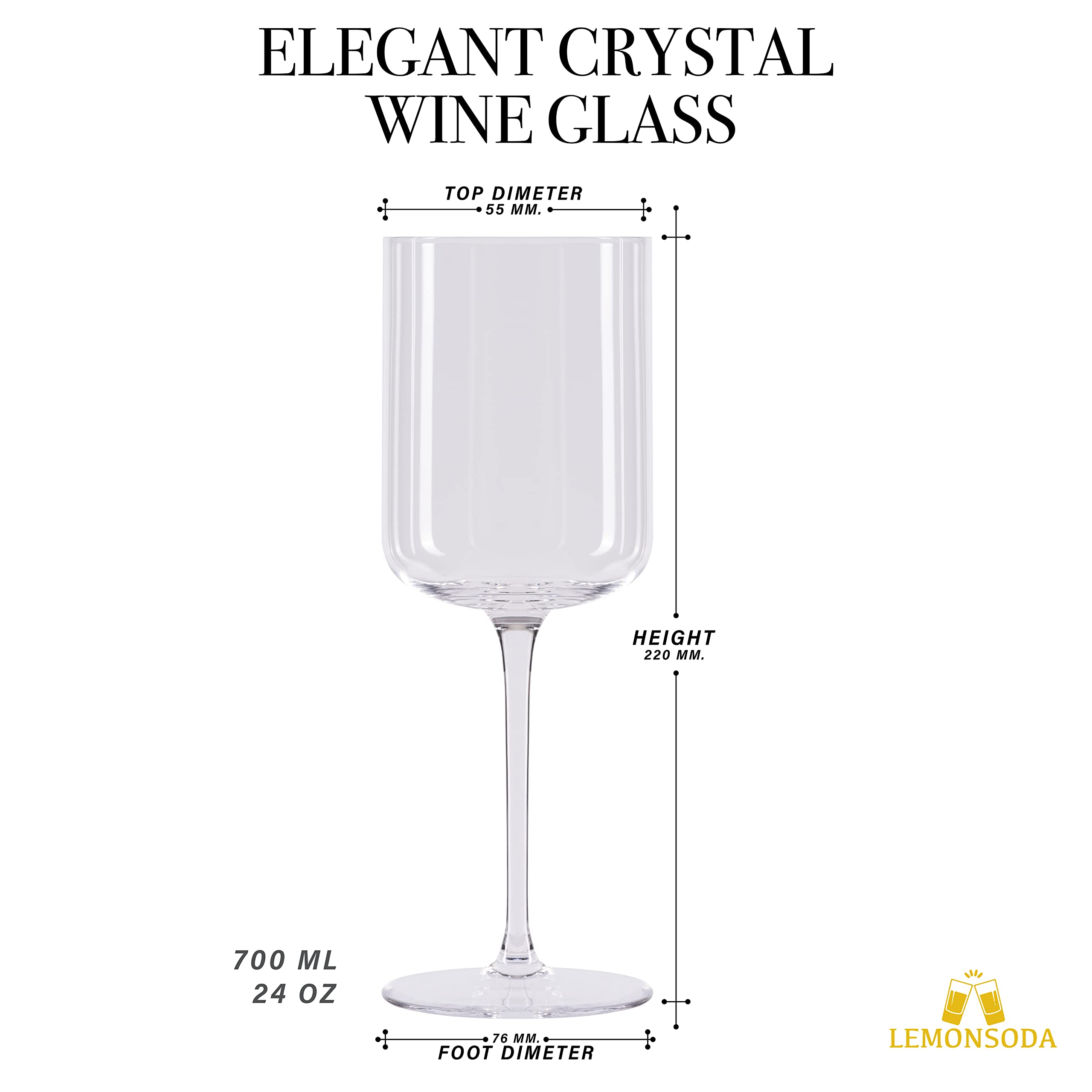 LEMONSODA Luxury Wine Glasses - Elegant Crystal Straight Edge Design - Enjoy Red or White Wine + Cocktails - 450ml (15oz) Lead-Free - Beautiful Gift (Set of 4)