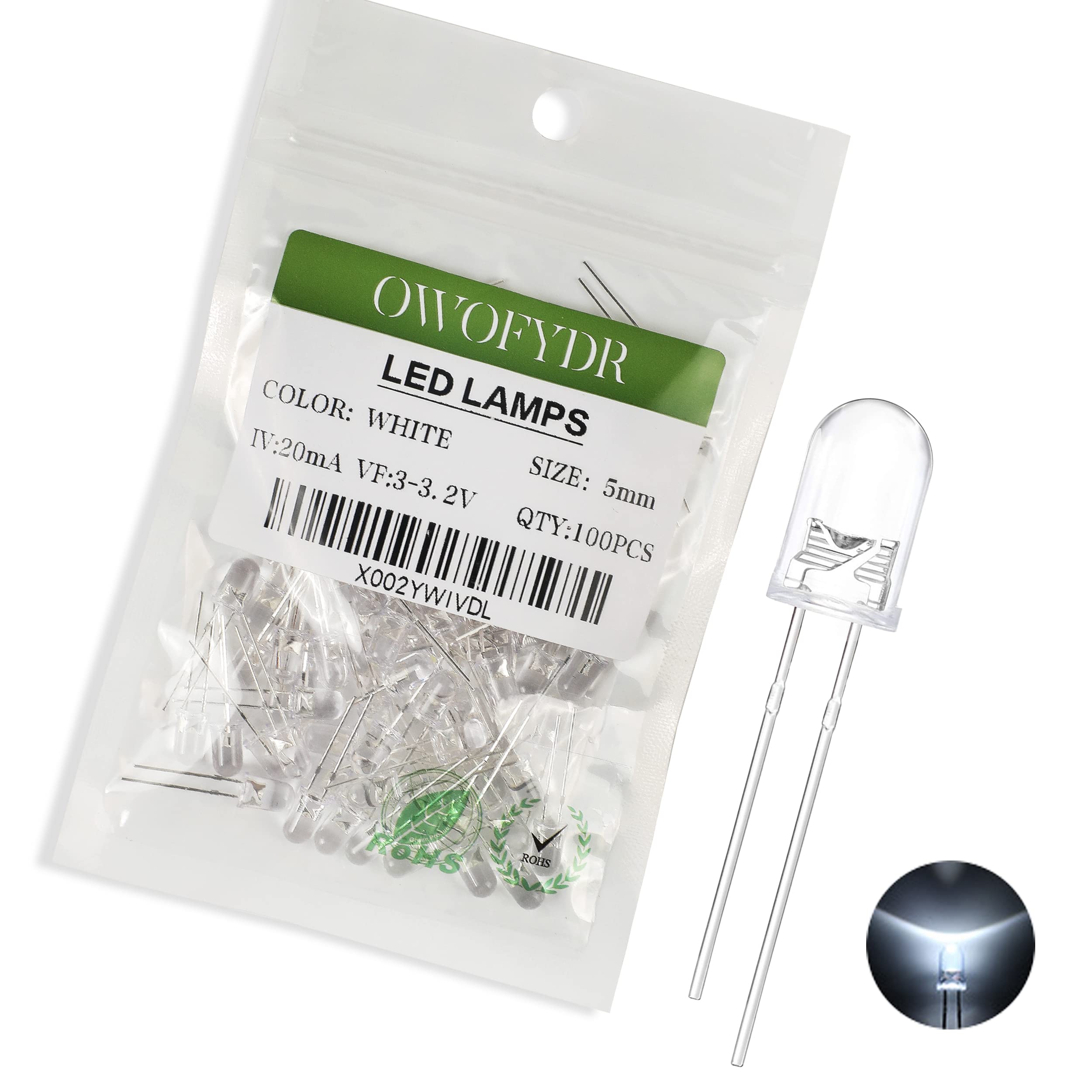 OWOFYDR 100 5mm Warm White LED diode lamp (Transparent Lens Round DC 3V 20mA) Lighting Bulb lamp Electronic Component Indicator Light Emitting diode