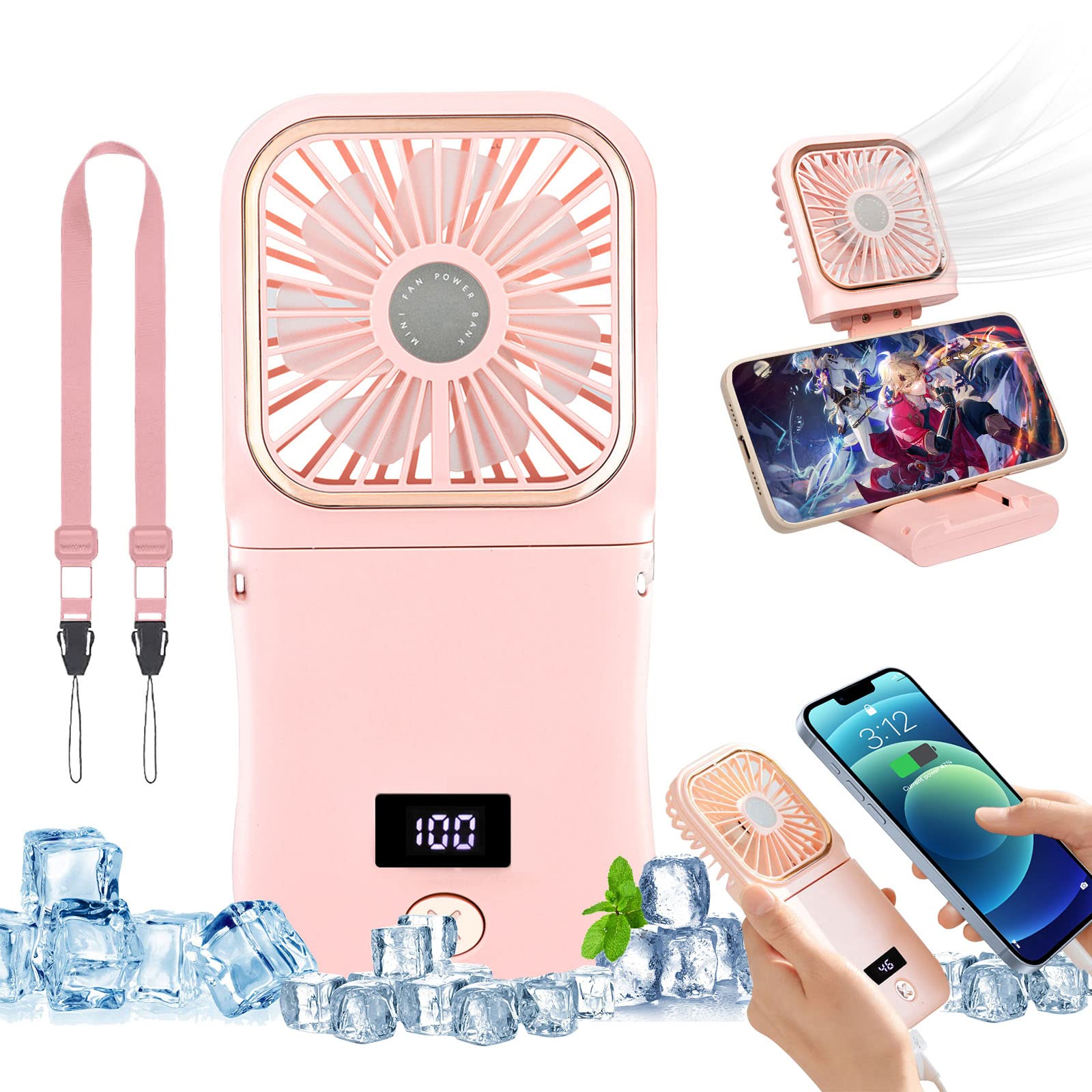 Portable Mini Fan, 3000mAh Battery Operated Fan, 3 Speeds Rechargeable Fan, Phone Bracket & Power Bank Function, Foldable Design, Power indicator - Handheld Cooling Fan for Quiet Use (Black)