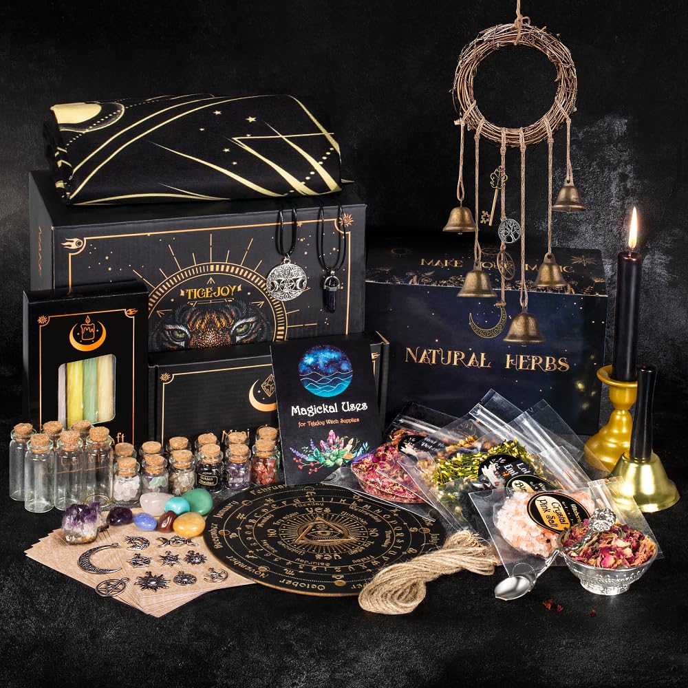 Witchcraft Supplies Witch Stuff Spell Kit 60PCS, Wiccan Supplies and Tools, Include Herb Crystal Candle Amethyst Altar Bowl Witch Bell, Witch Gift Wiccan Starter Kit Altar Supplies Pagan Decor