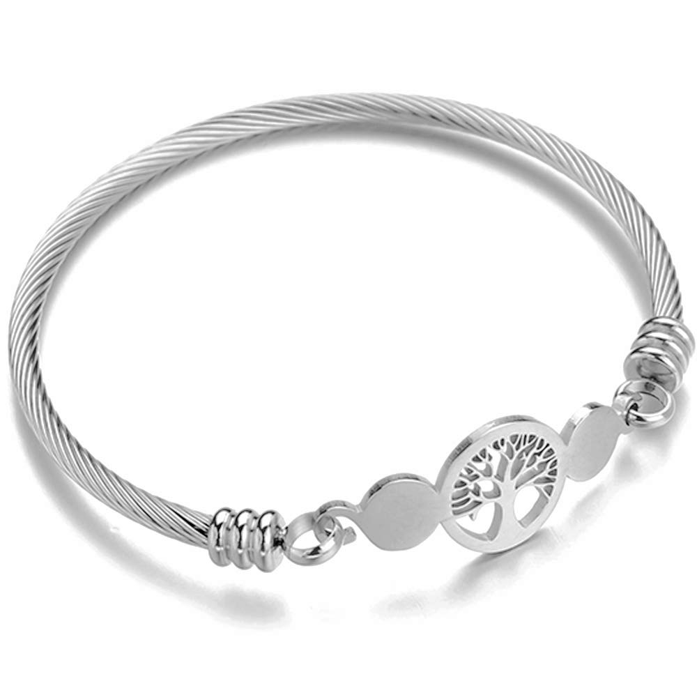 Jude Jewelers Stainless Steel Cable Wire Tree of Life Charm Bracelet Bangle (Silver)