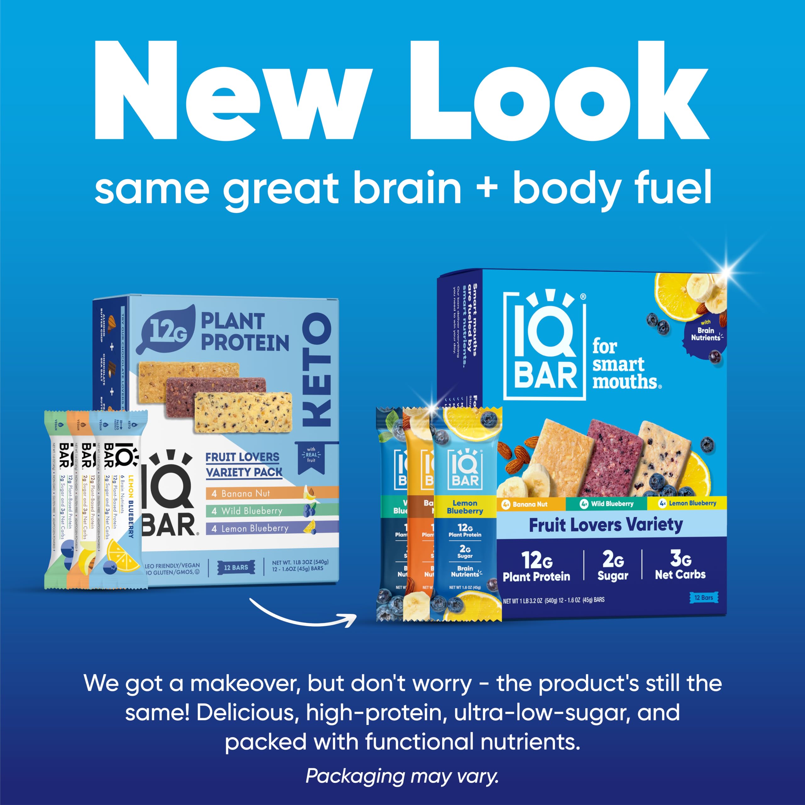 IQBAR Brain and Body Plant Protein Bars - Fruit Lovers Variety - 12 Count, Low Carb, High Fiber, Gluten Free, Vegan Snacks - Low Sugar Keto Bar Pack