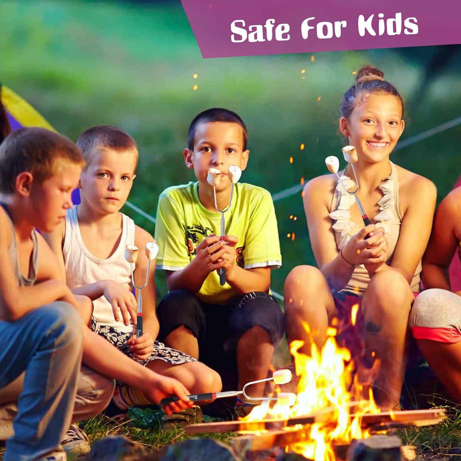 SANTAMADE Marshmallow Roasting Sticks Set of 5 -Telescoping Long Smores Sticks for Fire Pit, Hot Dog Sticks for Campfire Grill Bonfire Party Supplies -With Santa Storage Sack