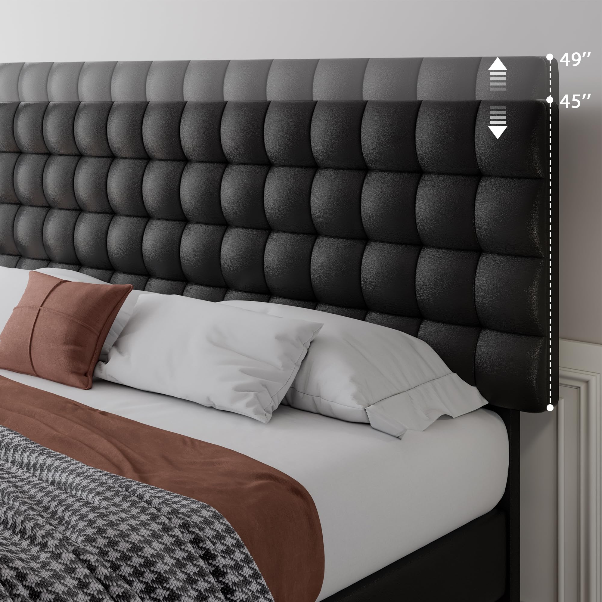 iPormis King Size Platform Bed Frame, Faux Leather Upholstered Bed Frame with Square Tufted Headboard, Wood Slats Support, No Box Spring Needed, Easy Assembly, Black
