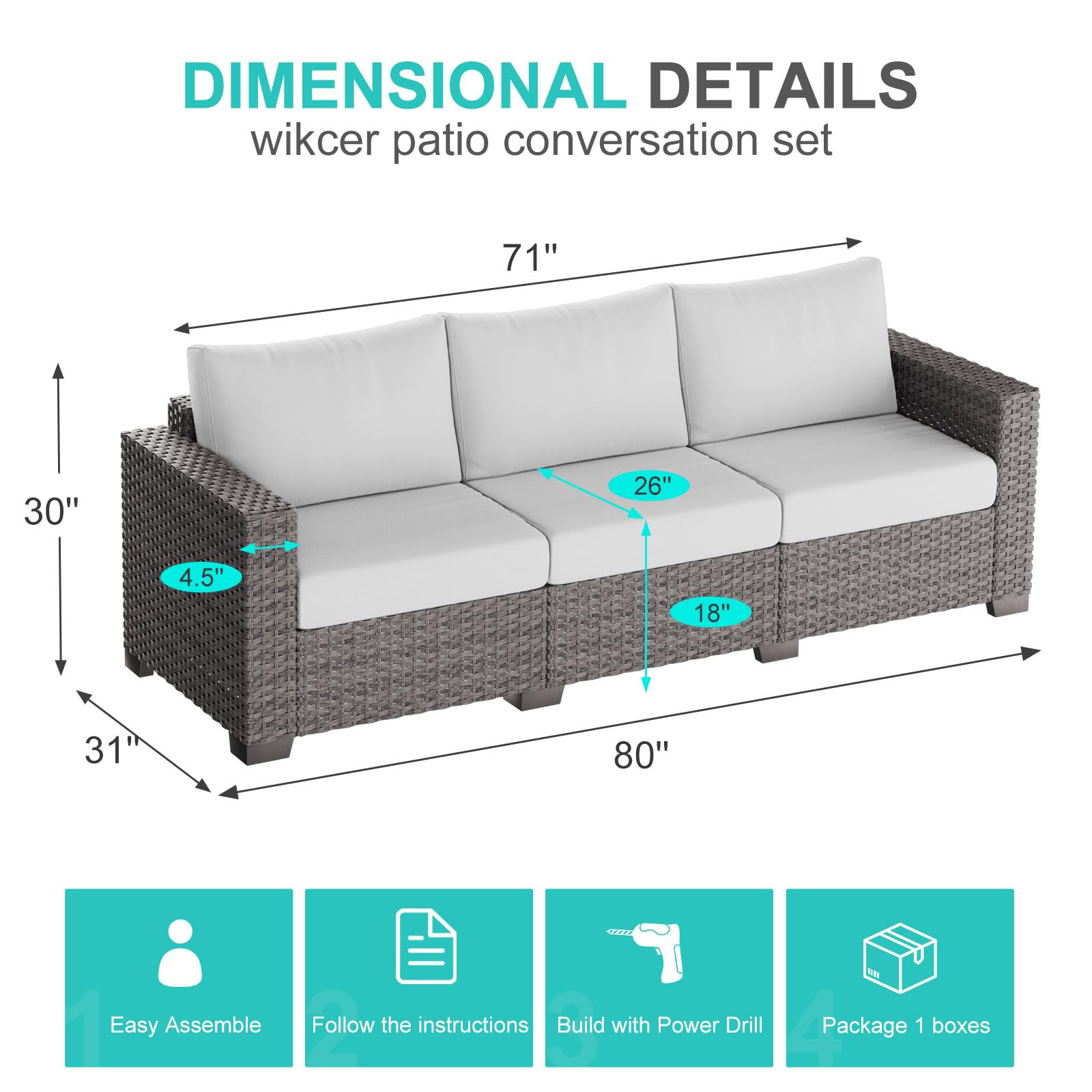 WELYAS Wicker Patio Sofa with Gray Cushions, Gray Rattan Outdoor Furniture for Porch Yard Deck Pool