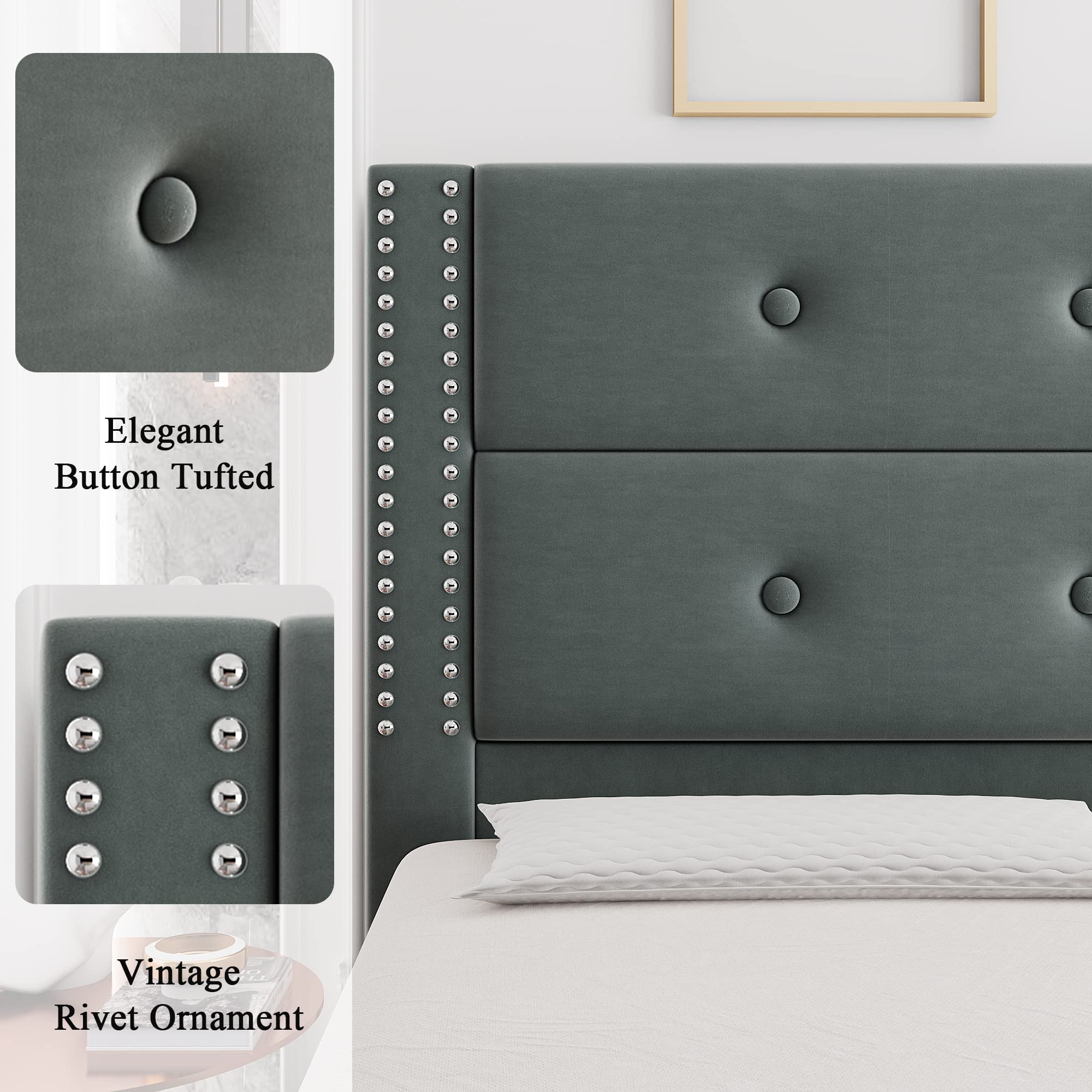 iPormis Queen Size Platform Bed Frame, Velvet Upholstered Bed Frame with Button Tufted & Nailhead Headboard, Wooden Slats Support, No Box Spring Needed, Noise-Free, Gray