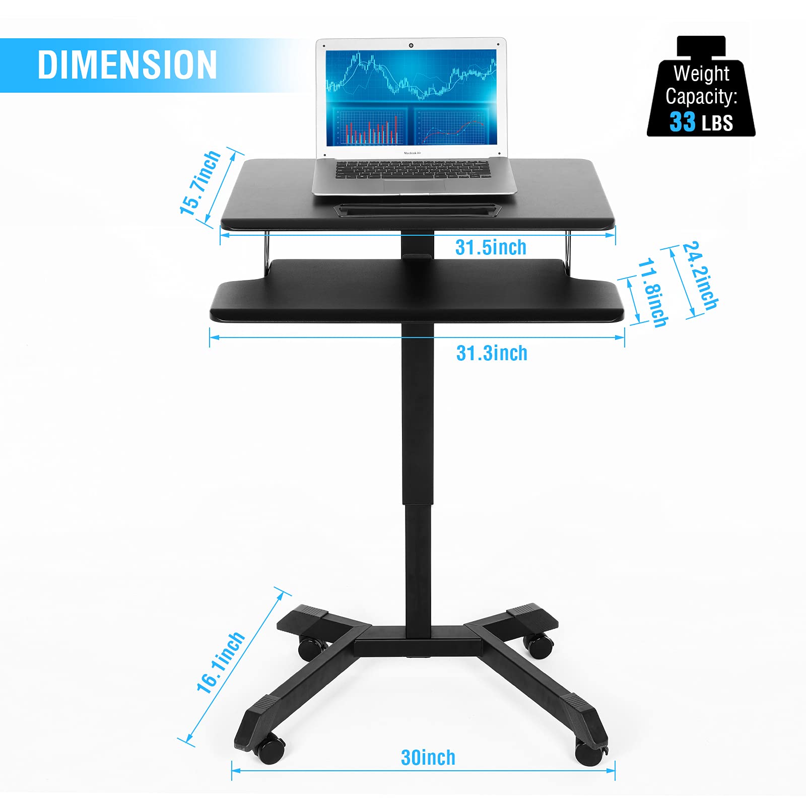 LGHM Rolling Desk, Mobile Desk Height Adjustable, Mobile Laptop Desk with Keyboard, Mobile Standing Desk w/4 Lockable Casters, Home Office Stand Up Desk Pneumatic Gas Spring Sit Stand Table (Black)