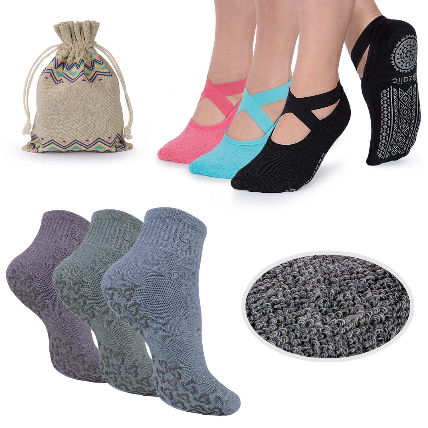 Ozaiic Yoga Socks for Women&Men Non-Slip Grips & Straps, Ideal for Pilates, Pure Barre, Ballet, Dance, Barefoot Workout, fitness Slipper Hospital Socks with Grips