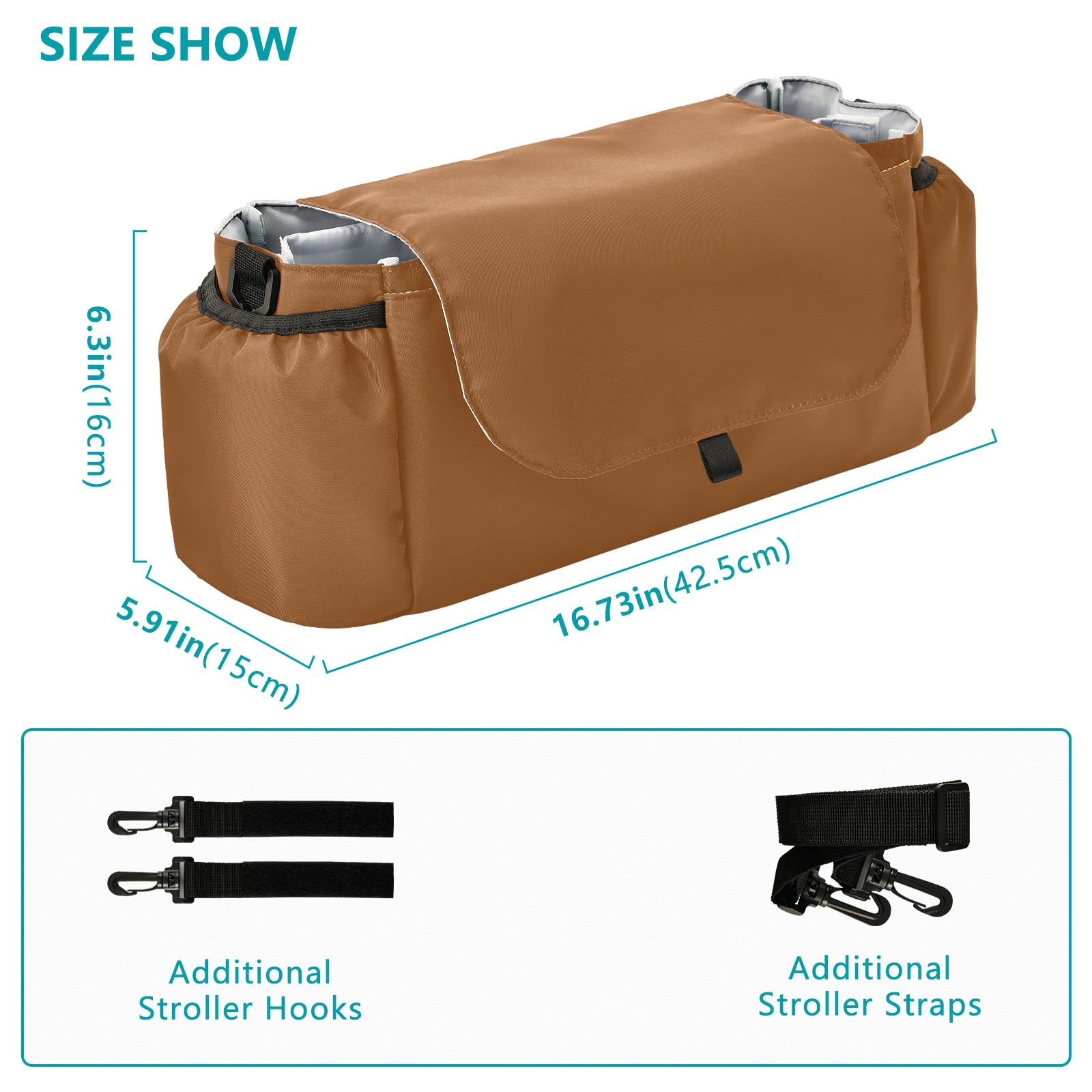 Saddle Brown Baby Stroller Organizer Large Capacity with 2 Cup Holder Adjustable Removable Shoulder Straps Abrasion-Resistant and Durable Fit Nearly Any Stroller